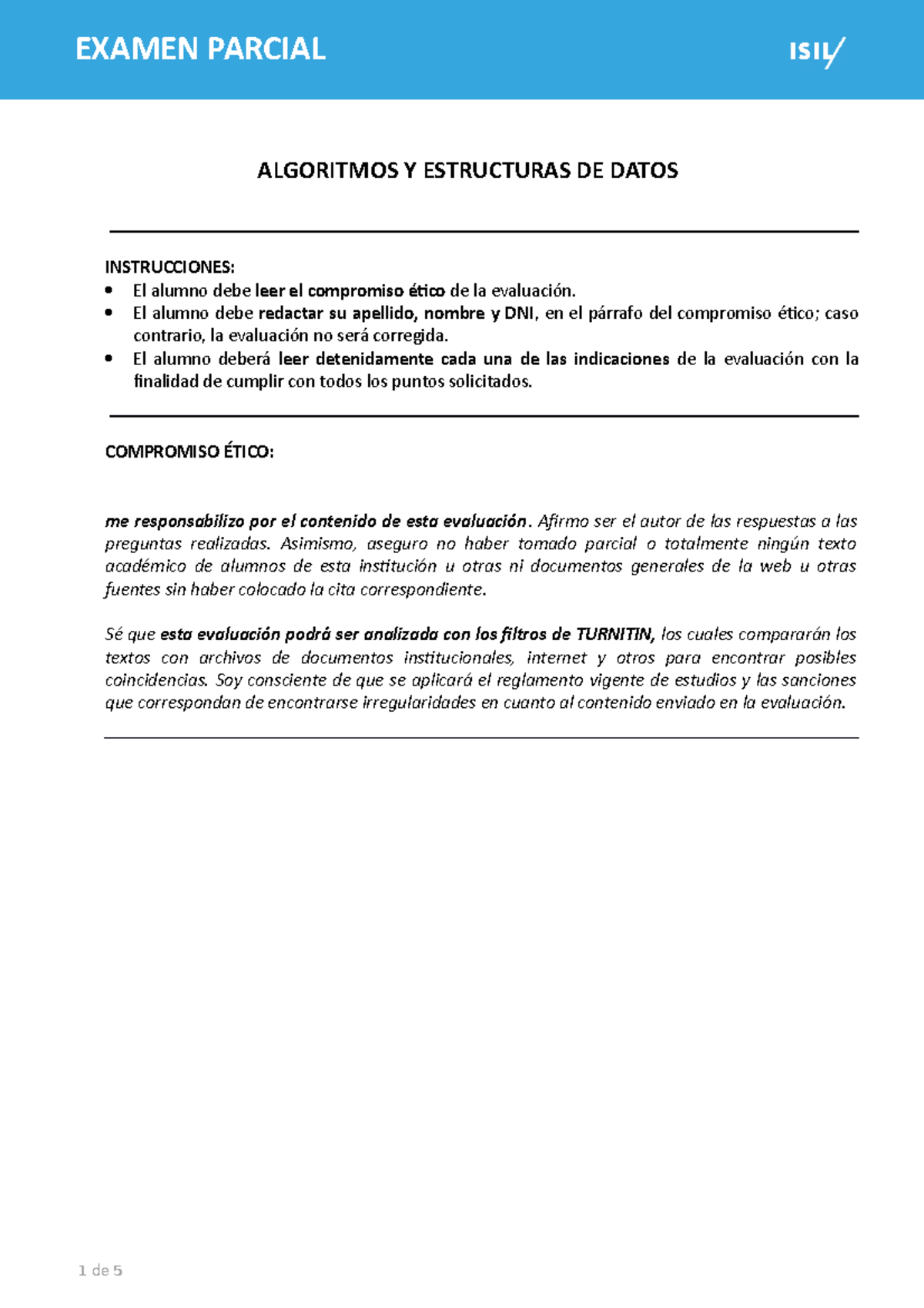 Examen Parcial Algoritmo Y Estructura De Datos Algoritmos Y Estructuras De Datos