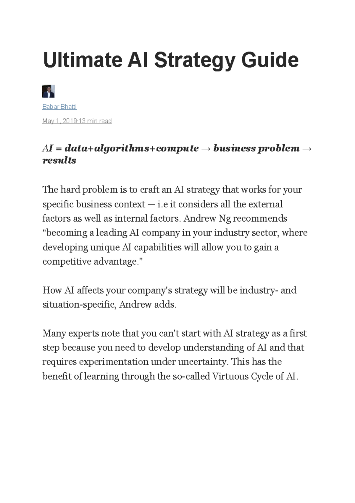 Ultimate AI strategy guide by Babar Bhatti - Ultimate AI Strategy Guide Babar Bhatti May 1, 2019 ...
