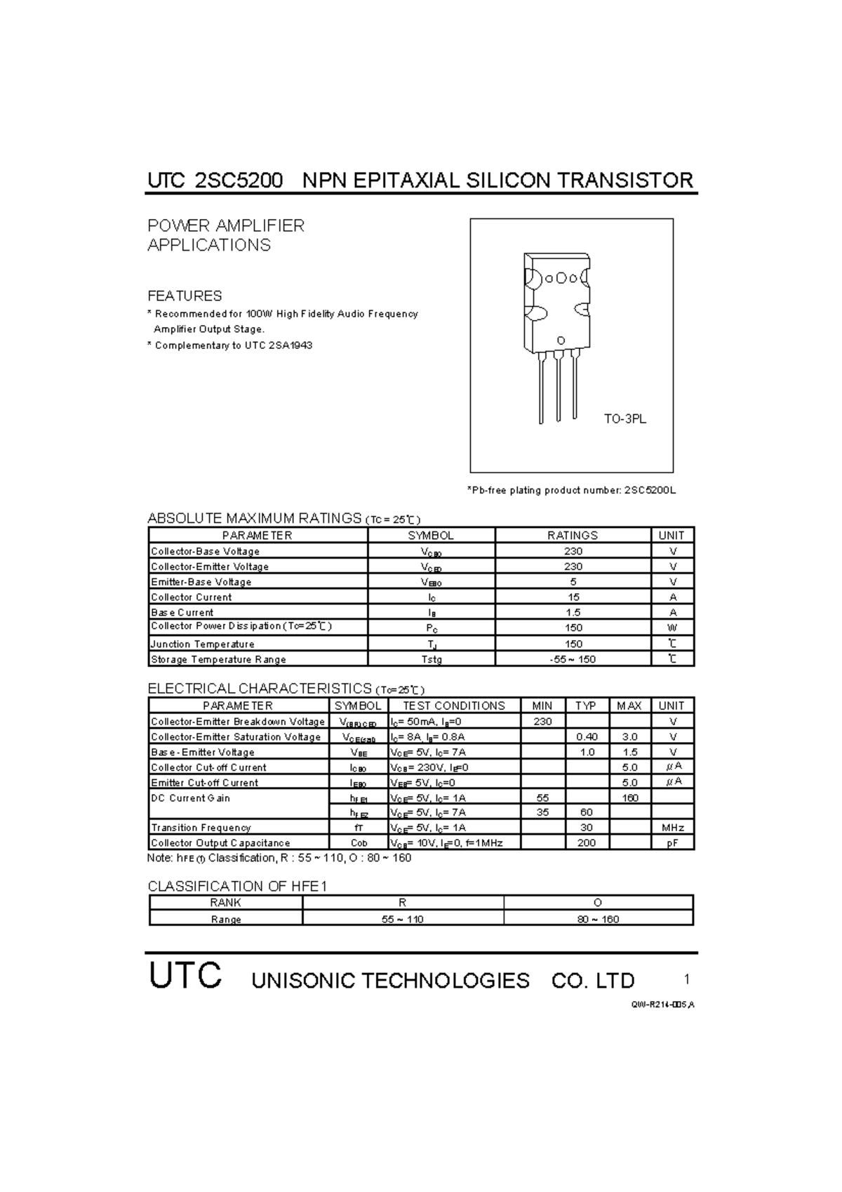 2SC5200 - pieza - UTC 2SC5200 NPN EPITAXIAL SILICON TRANSISTOR UTC UNISONIC TECHNOLOGIES CO. LTD ...