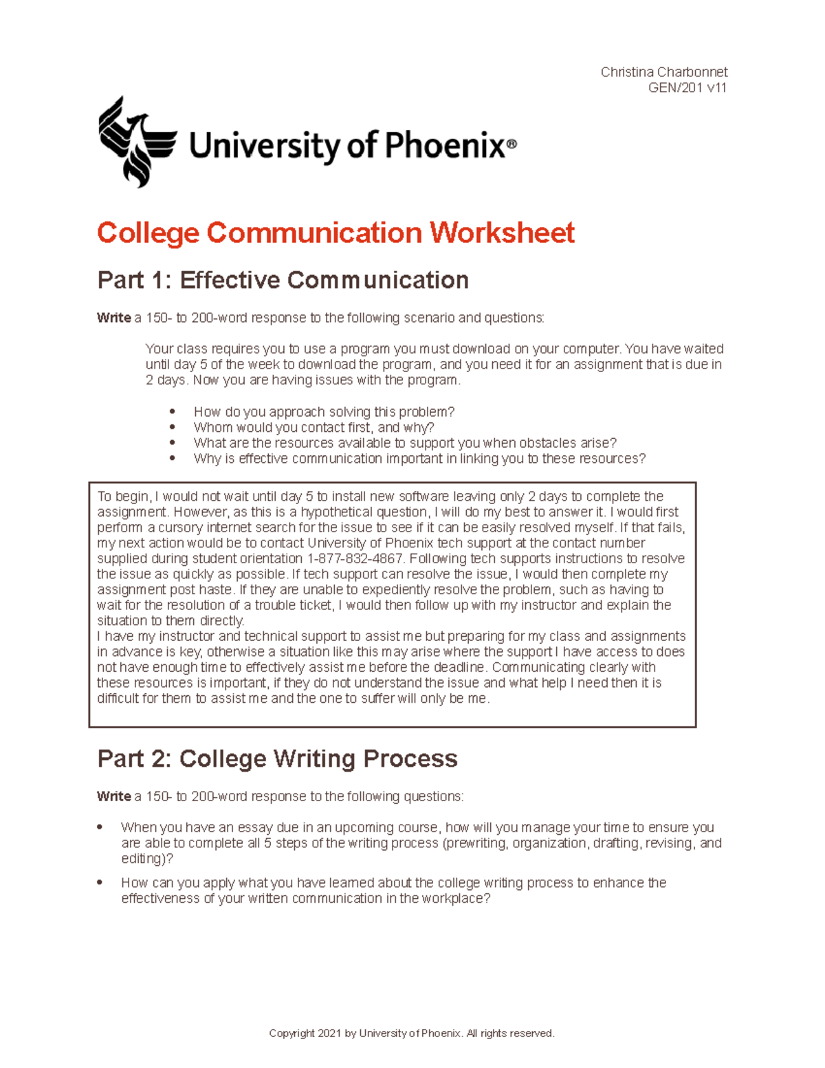Gen201 v11 new wk3 college communication worksheet - Christina ...
