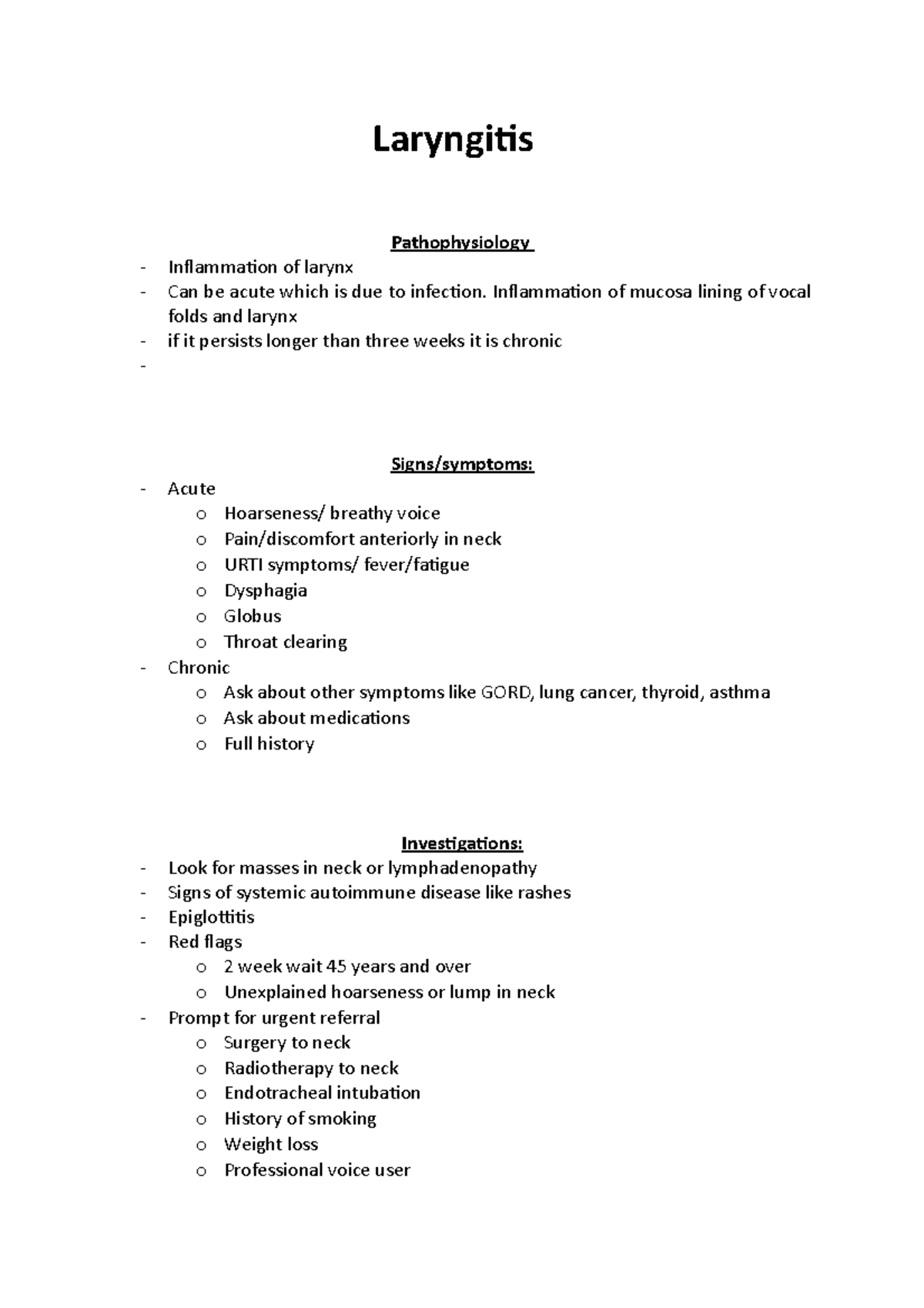 Laryngitis notes - Laryngitis Pathophysiology Inflammation of larynx ...