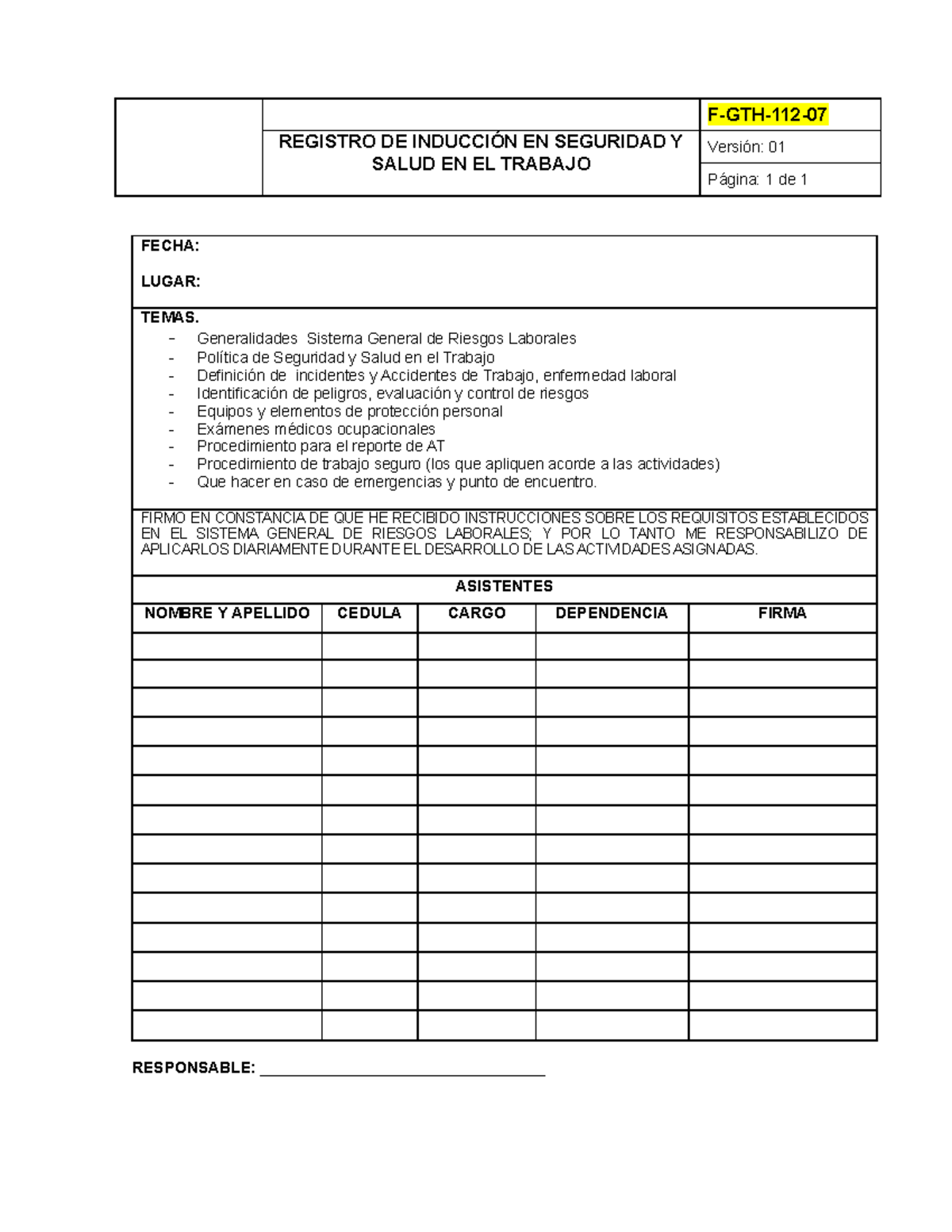 Formato registro de induccion en SST - F-GTH-112- REGISTRO DE INDUCCIÓN EN SEGURIDAD Y SALUD EN ...