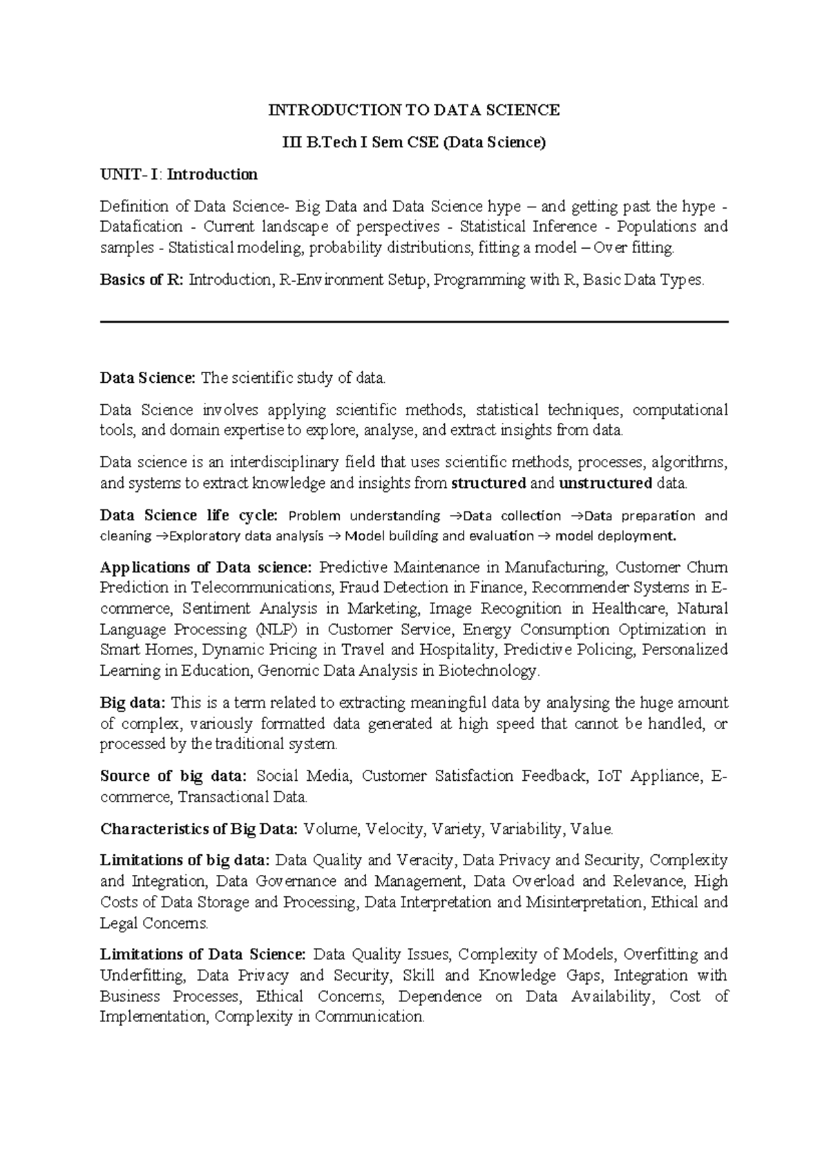 Ids Unit I Short Notes Introduction To Data Science Iii B I Sem Cse Data Science Unit I 9694