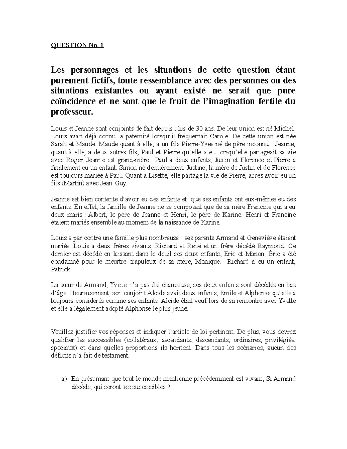Cas pratique dévolution légale no 2 - QUESTION No. 1 Les personnages et ...