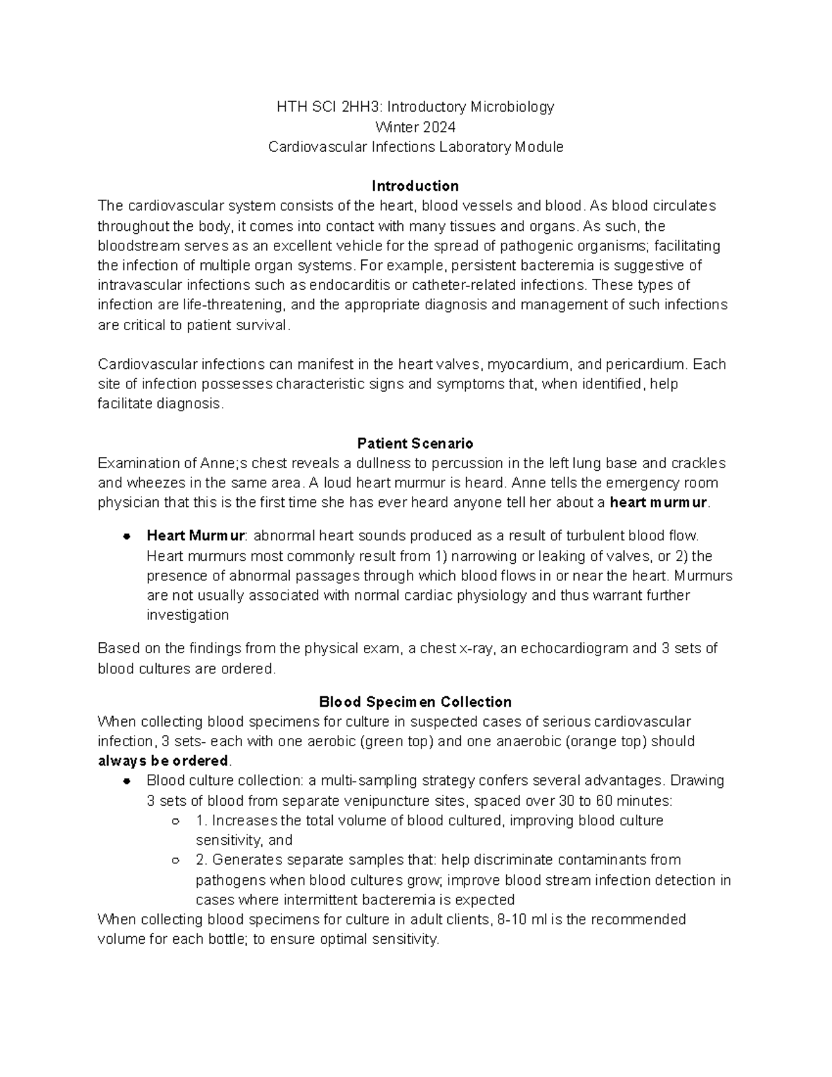 Cardiovascular System Infection Module - HTH SCI 2HH3: Introductory Microbiology Winter 2024 ...