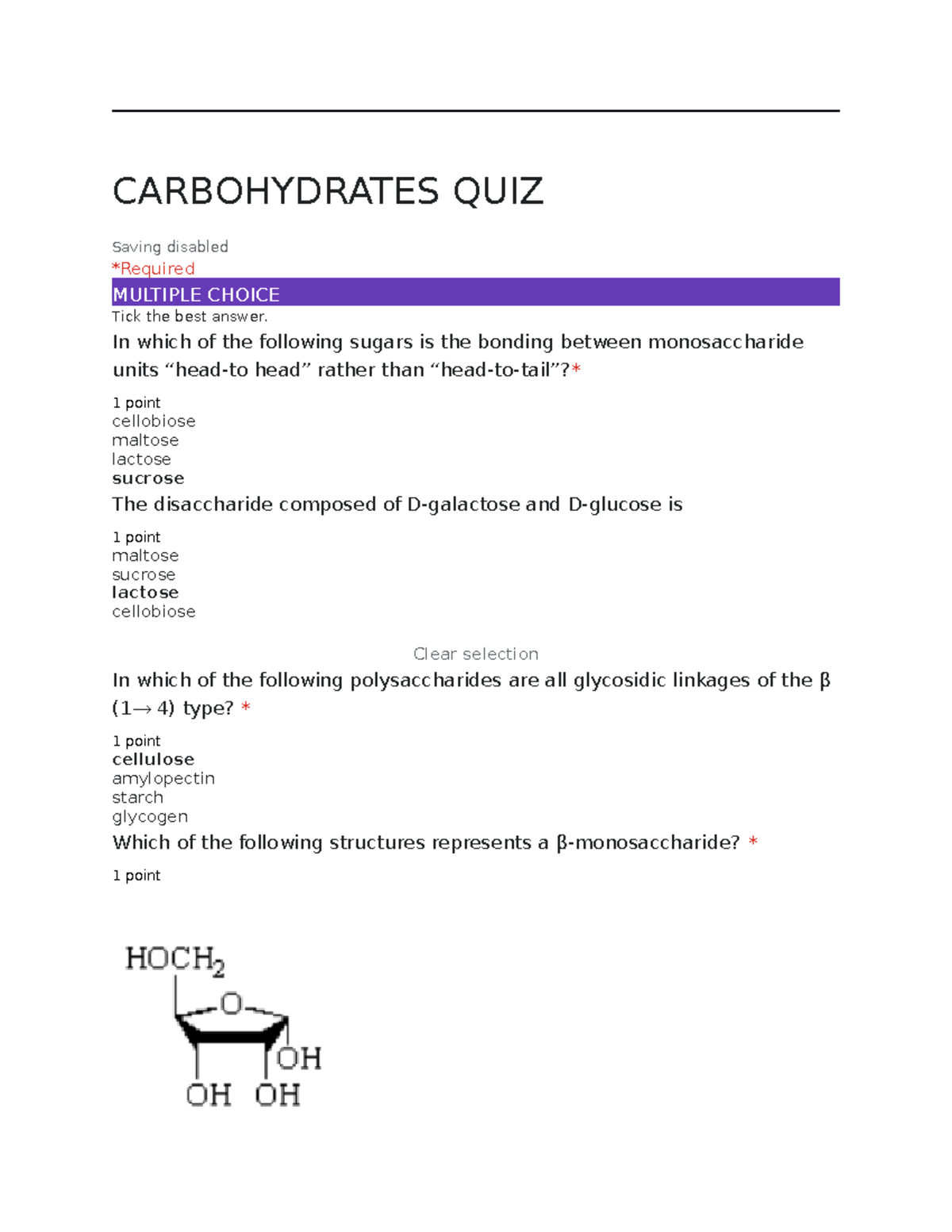 Carbohydrates QUIZ CARBOHYDRATES QUIZ Saving Disabled Required