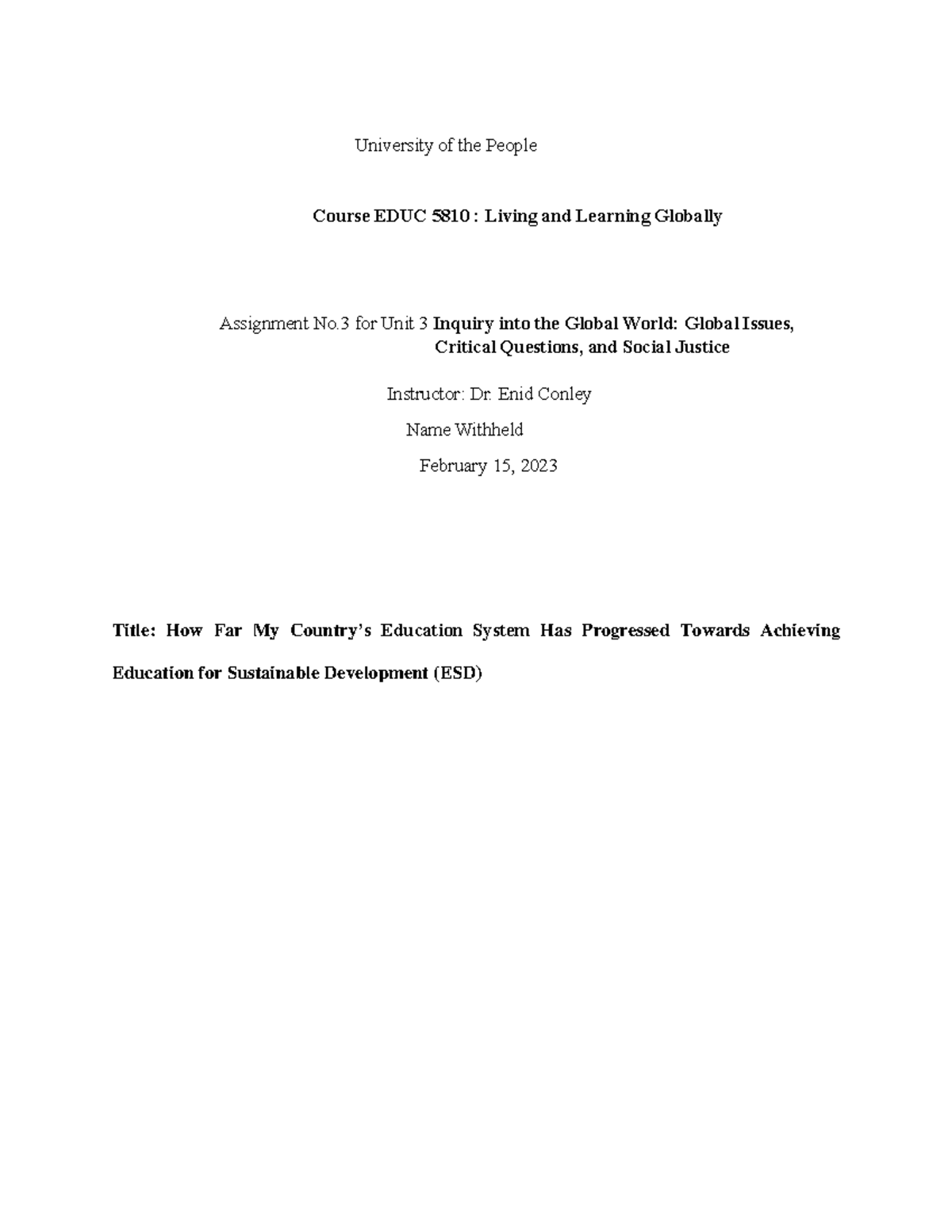 Assignment No.3 for EDUC5810 - University of the People Course EDUC 5810 : Living and Learning ...