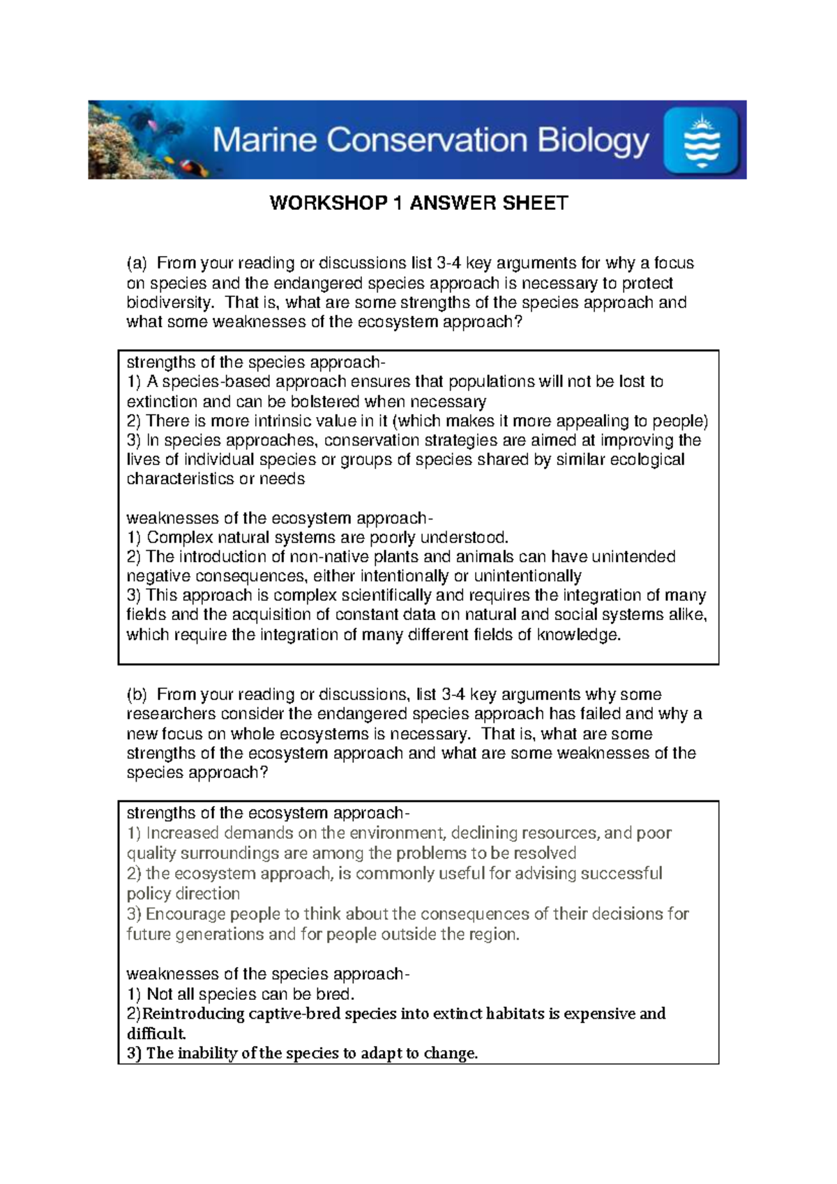 Workshop 1 answer sheet - WORKSHOP 1 ANSWER SHEET (a) From your reading ...
