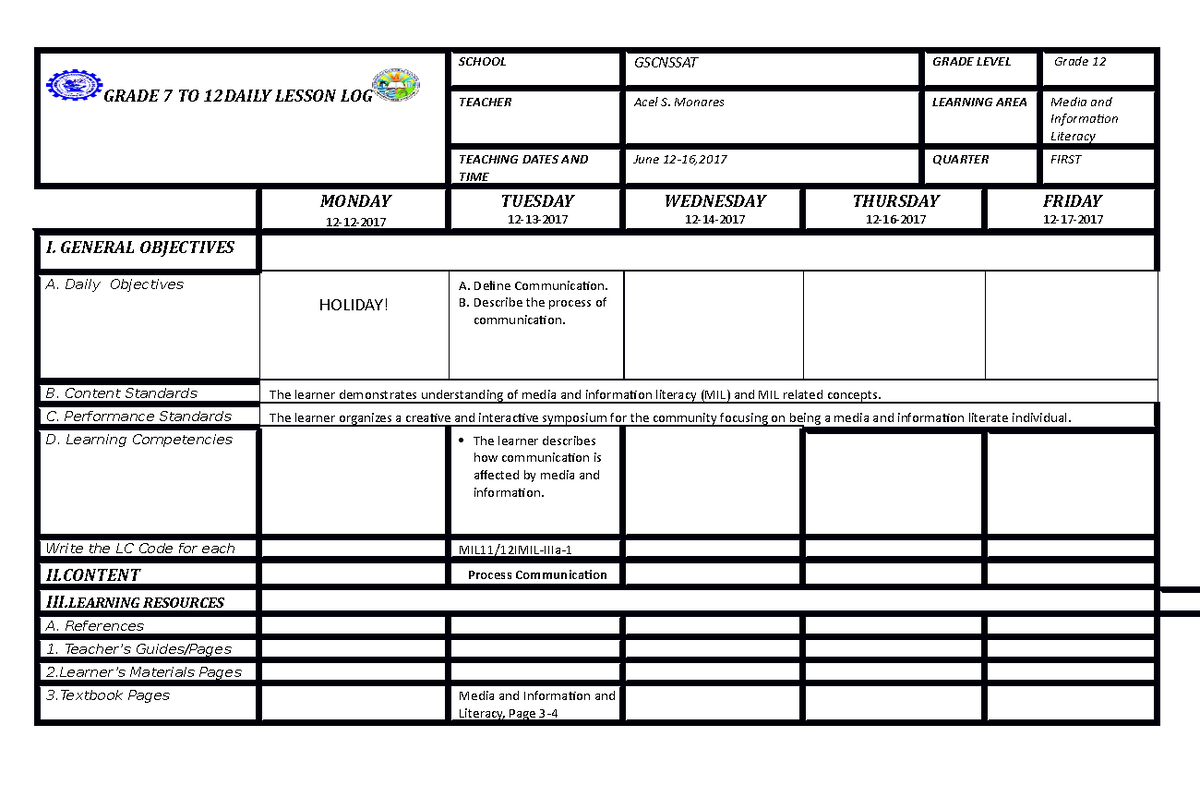 MIL DLL wk1 day-1 - sdfas - GRADE 7 TO 12DAILY LESSON LOG SCHOOL ...