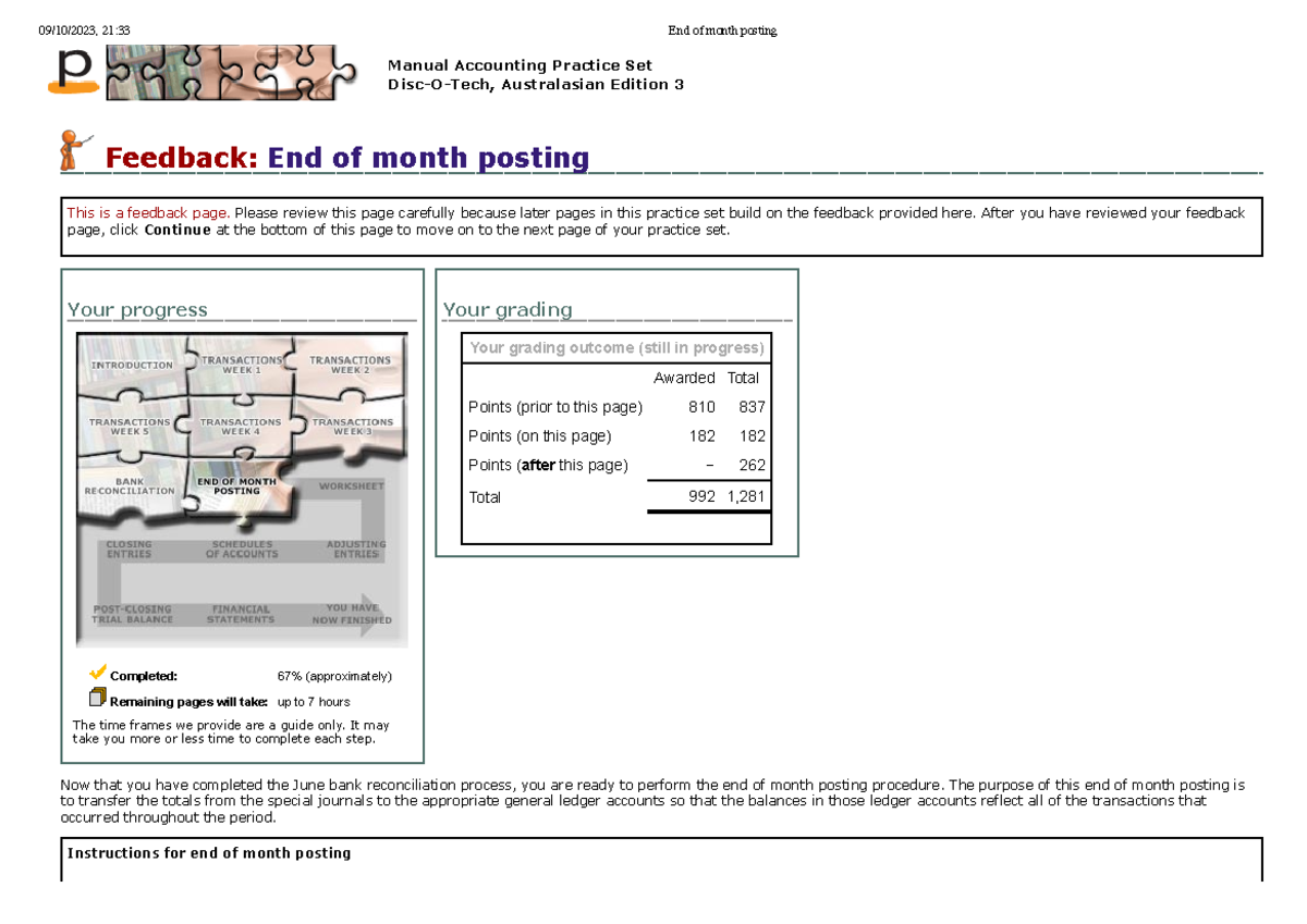 End of month posting Completed - Your progress Completed: 67 % ...