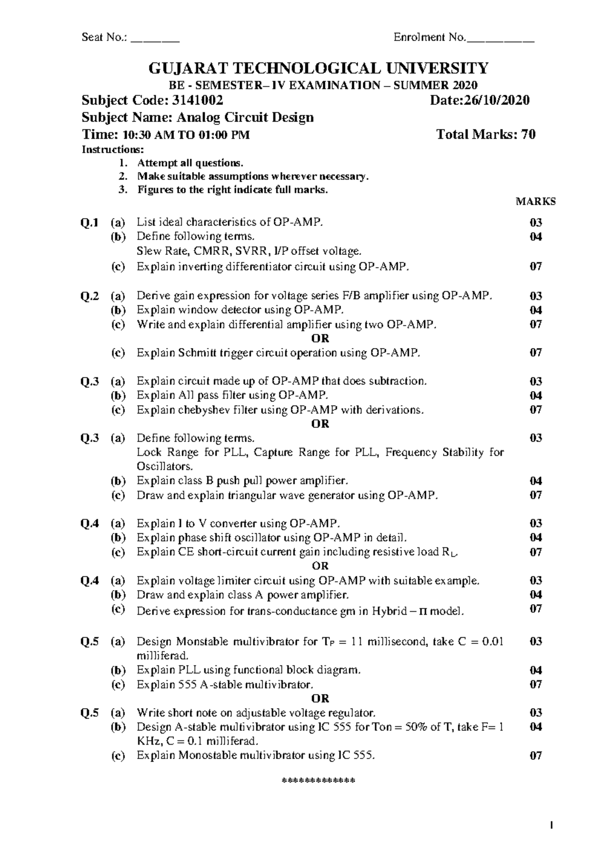3141002-BE- Summer-2020 - 1 Seat No.: ________ Enrolment No ...