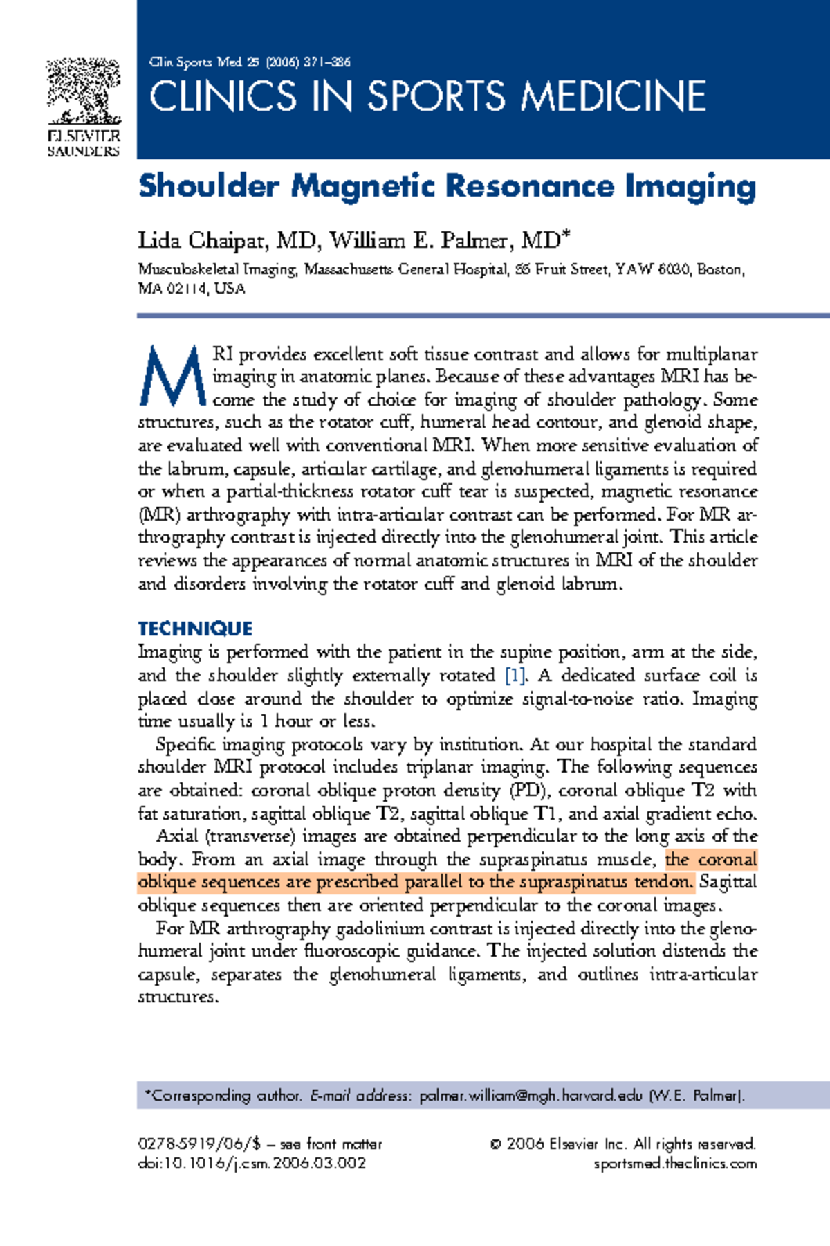 Shoulder Magnetic Resonance Imaging - Palmer, MD* Musculoskeletal ...