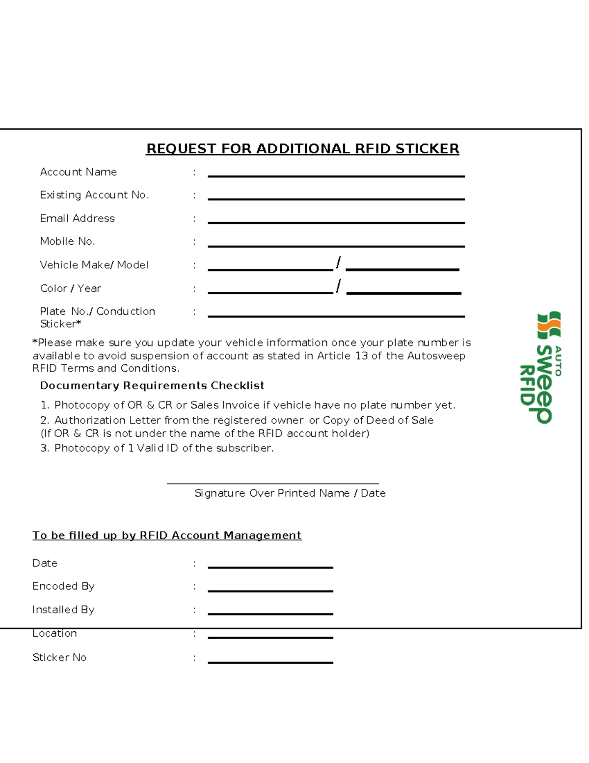 Additonal-Tag Request-Form - REQUEST FOR ADDITIONAL RFID STICKER ...