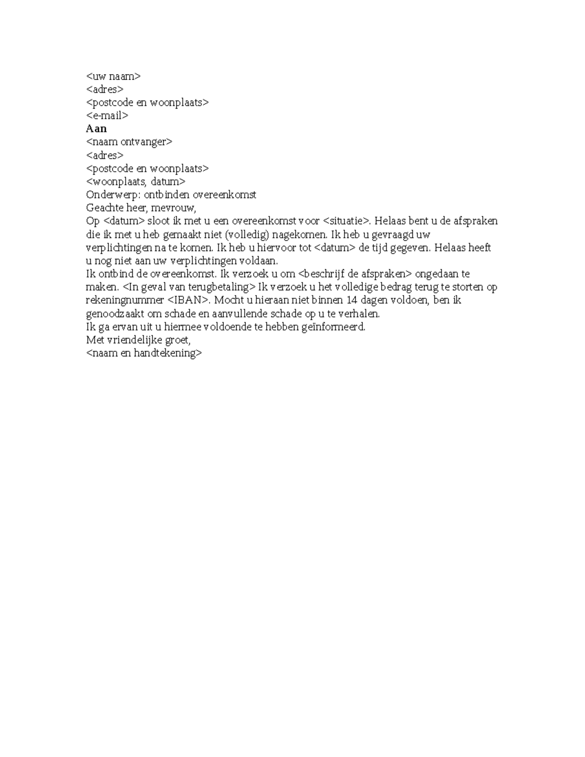 Voorbeeldbrief ontbinden overeenkomst - - Studeersnel