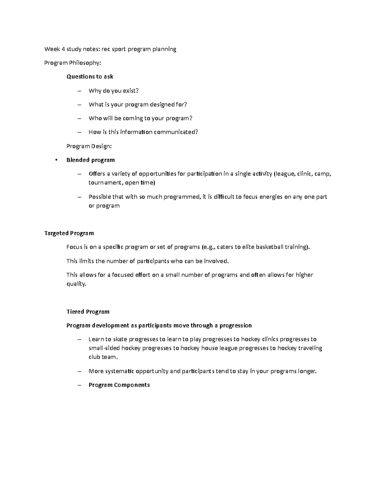 Week 4 program planning - Week 4 study notes: rec sport program ...