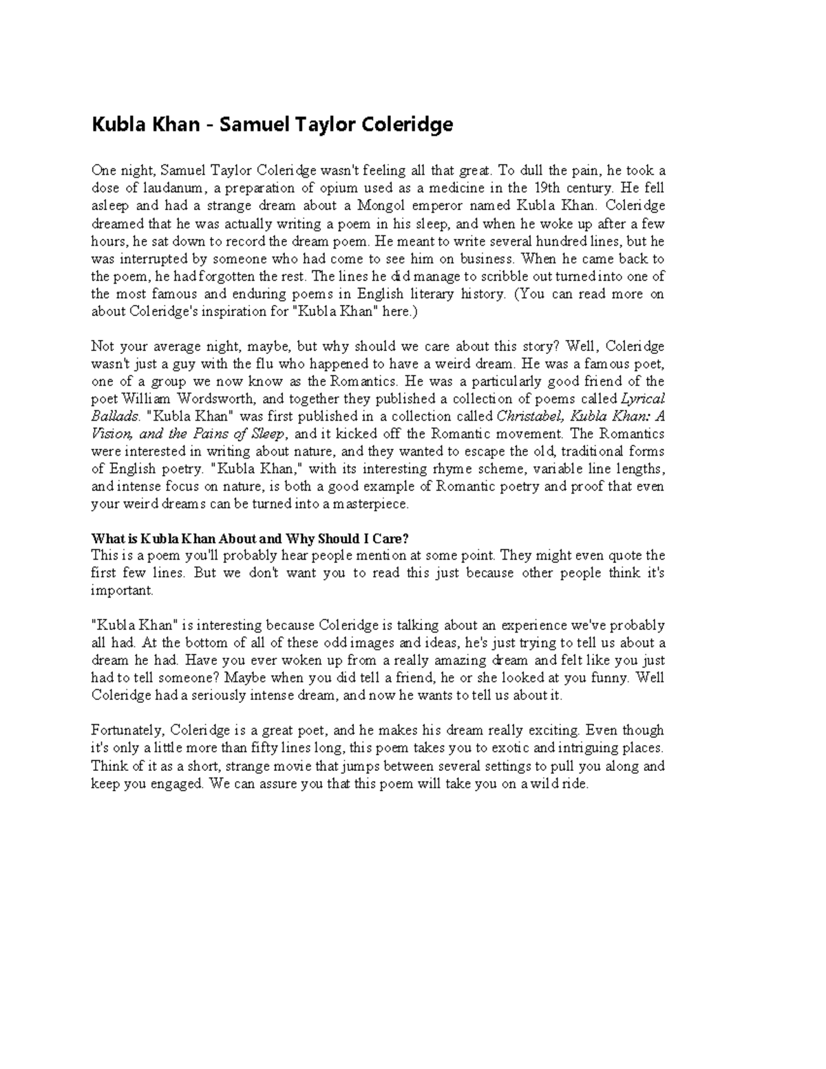 10 Kubla Khan - British Literature 19 th century poems study meterials ...