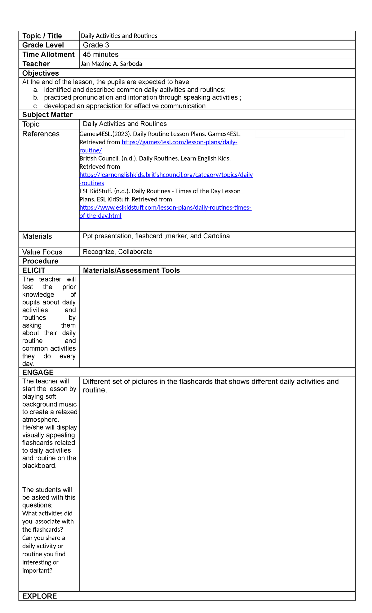 Lesson PLAN English Sarboda - Topic / Title Daily Activities and ...