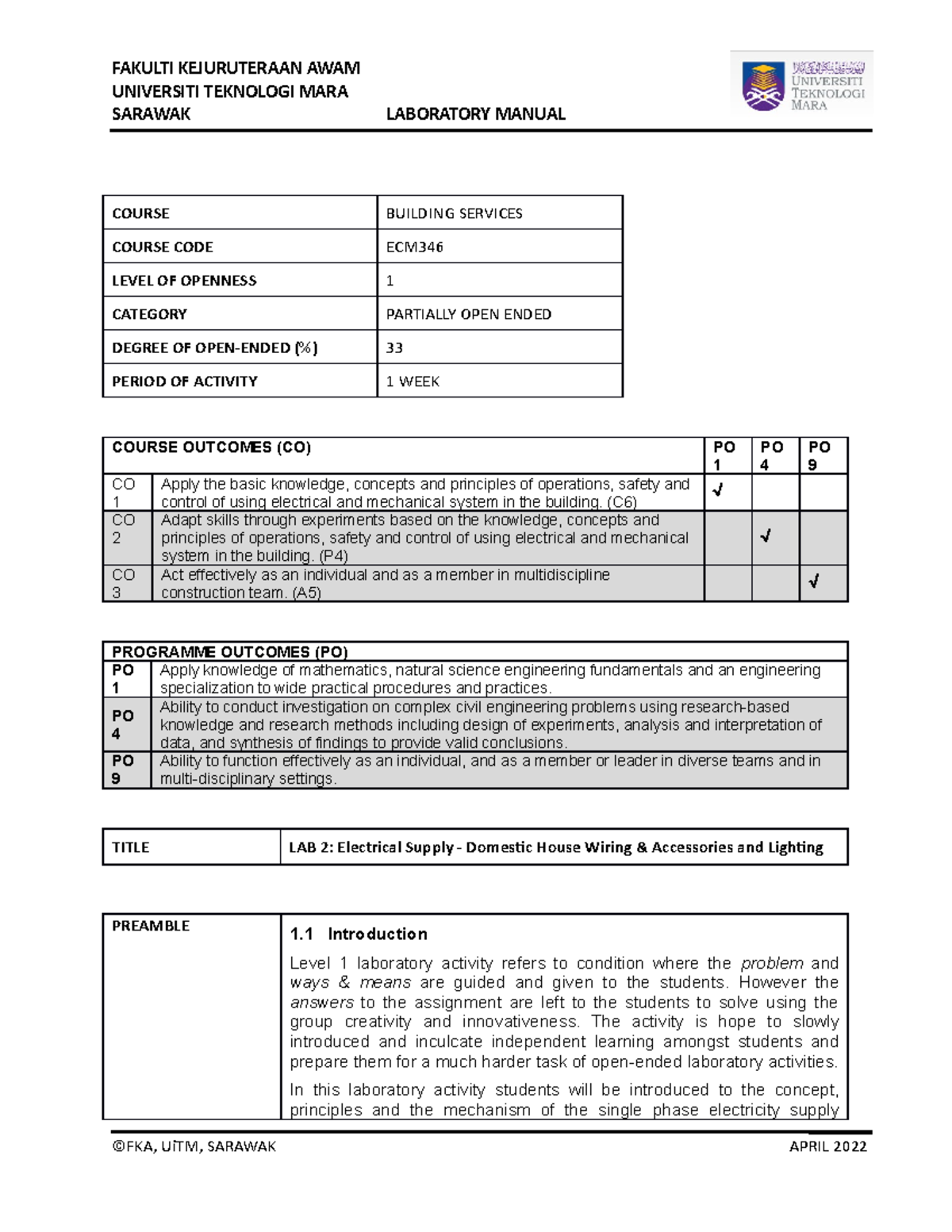 LAB 2 Level 1 BS Lab Electrical Supply - Domestic House Wiring ...