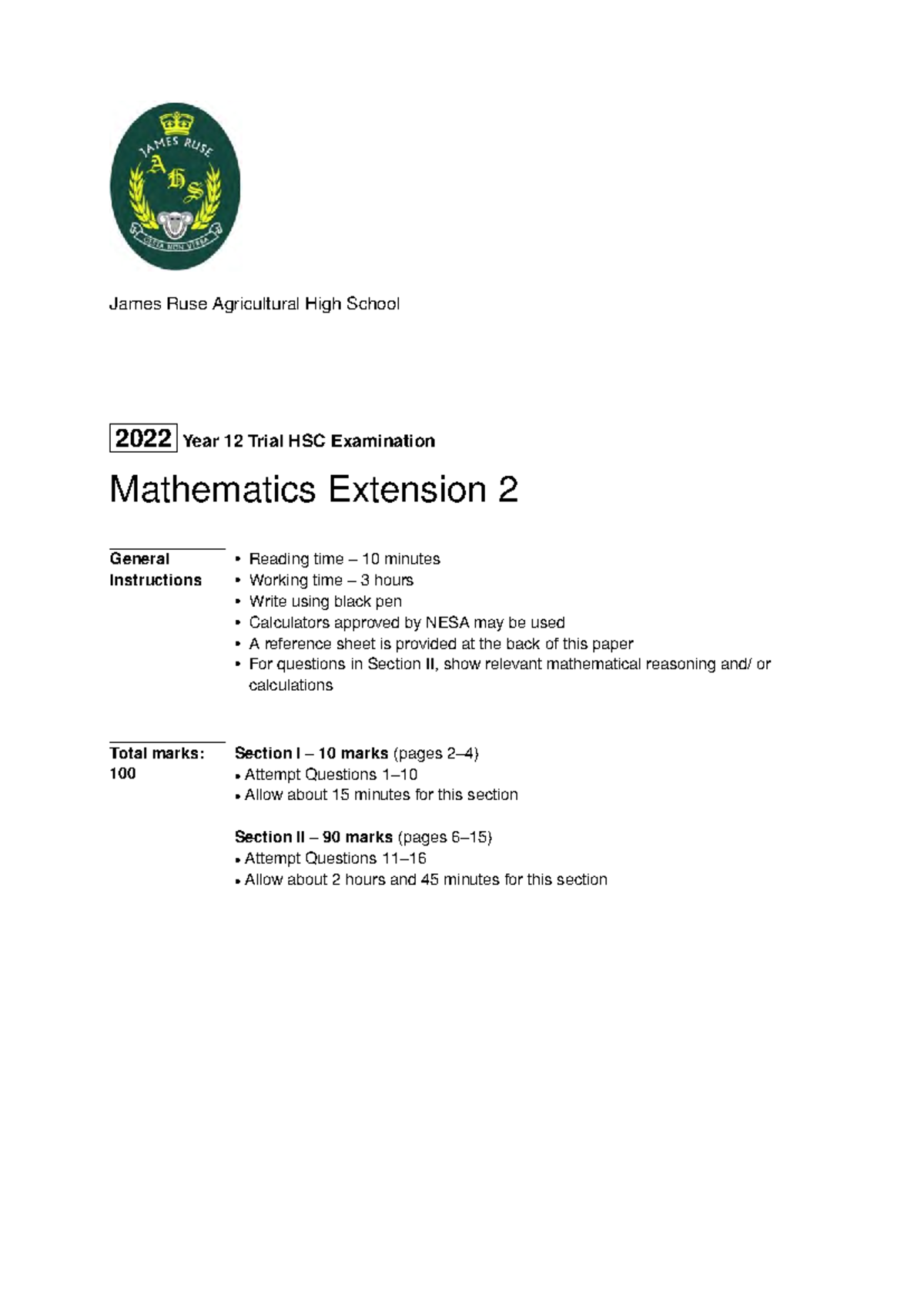 James Ruse 2022 4U Trials & Solutions - James Ruse Agricultural High ...