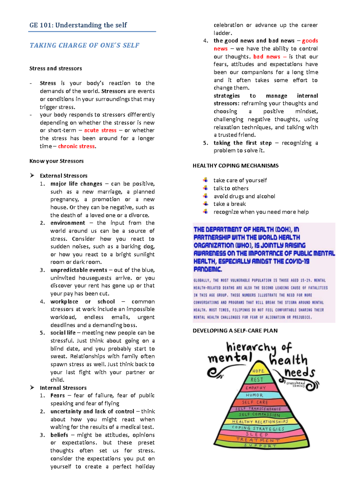 GE 101 Reviewer - GE 101 Taking charge of one's self - GE 101 ...