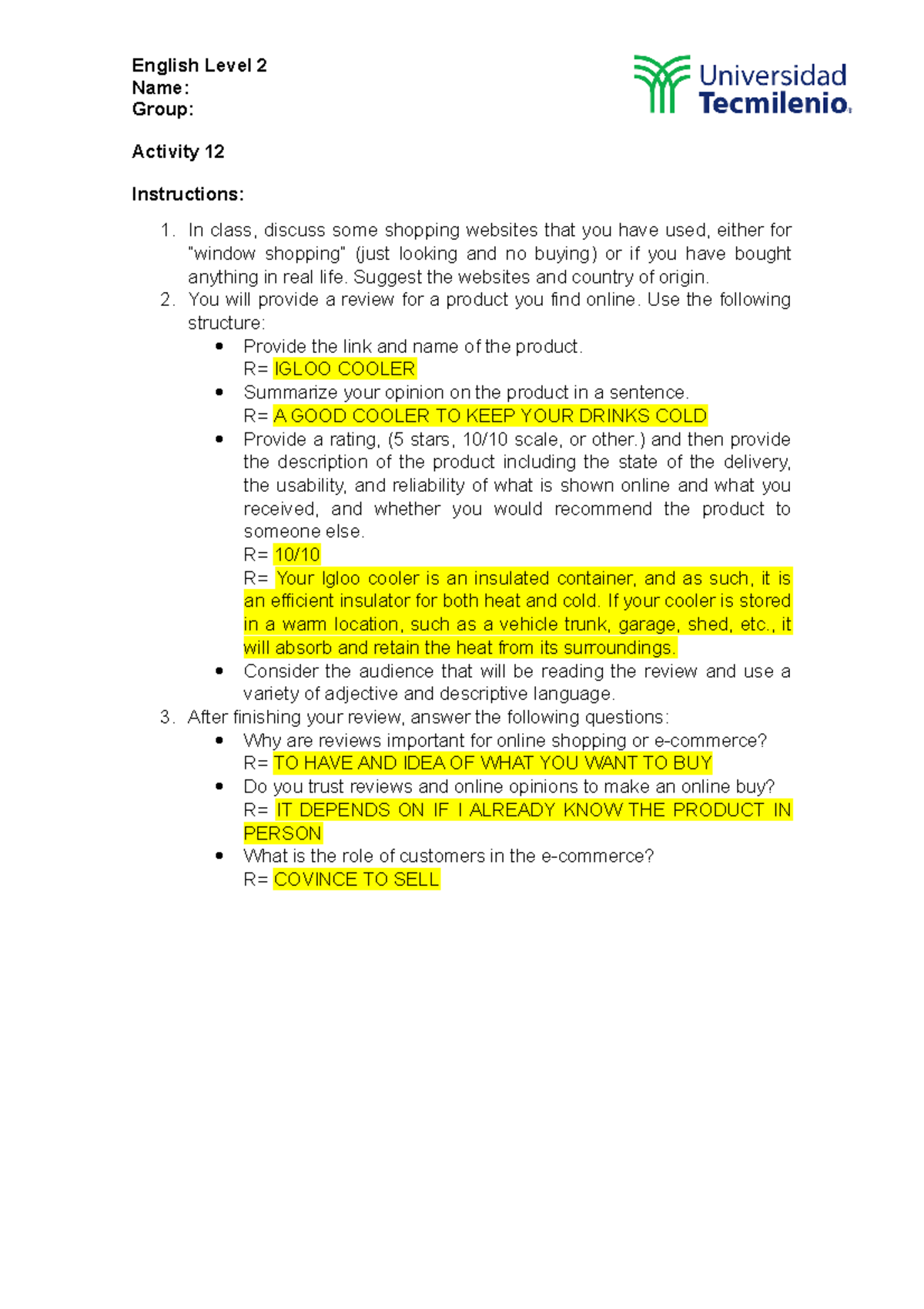 ACT 12 Ingles - majajajaj - English Level 2 Name: Group: Activity 12 ...