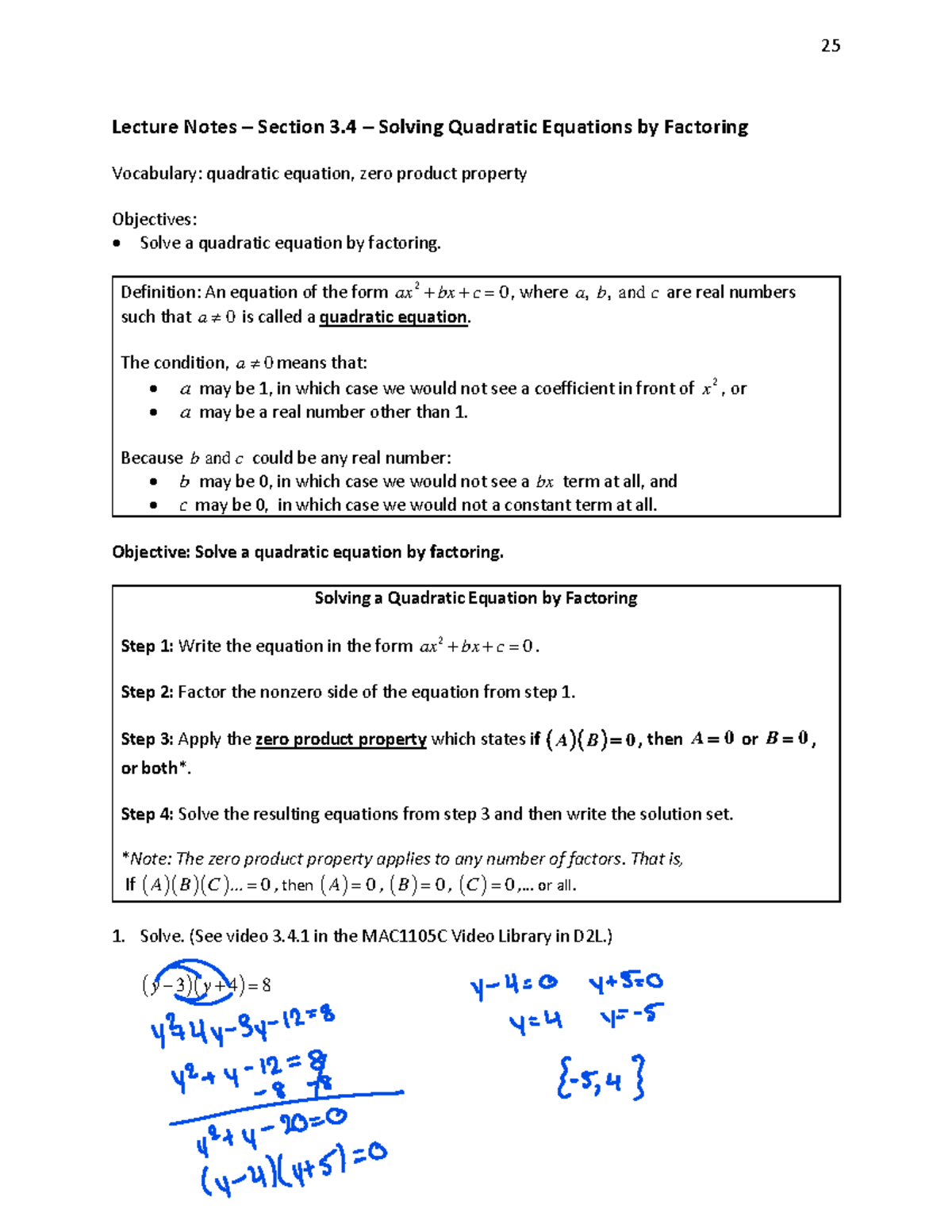 M1105C 3.4 LN Solving Quadratic Equations by Factoring W PG NUMS ...