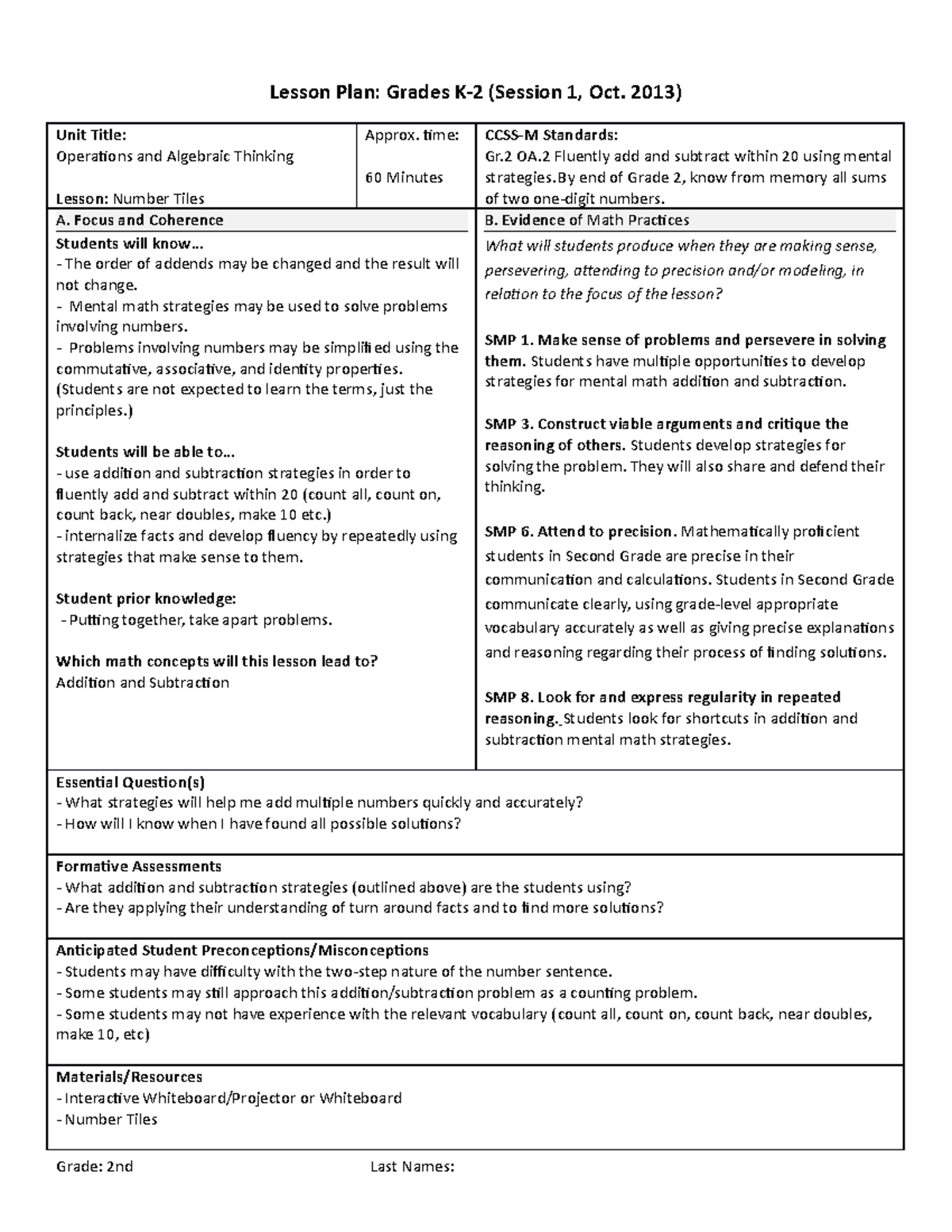 Number tiles lesson plan for k-2 - Lesson Plan: Grades K-2 (Session 1 ...