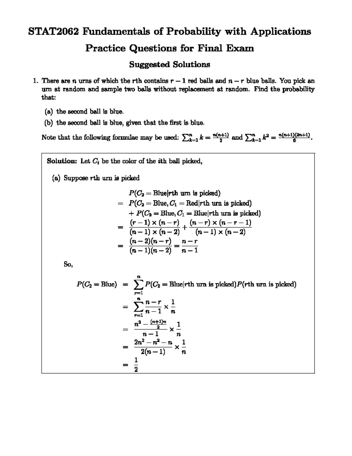 2022 Examination Prac Sol - STAT2062 Fundamentals of Probability with Applications Practice ...