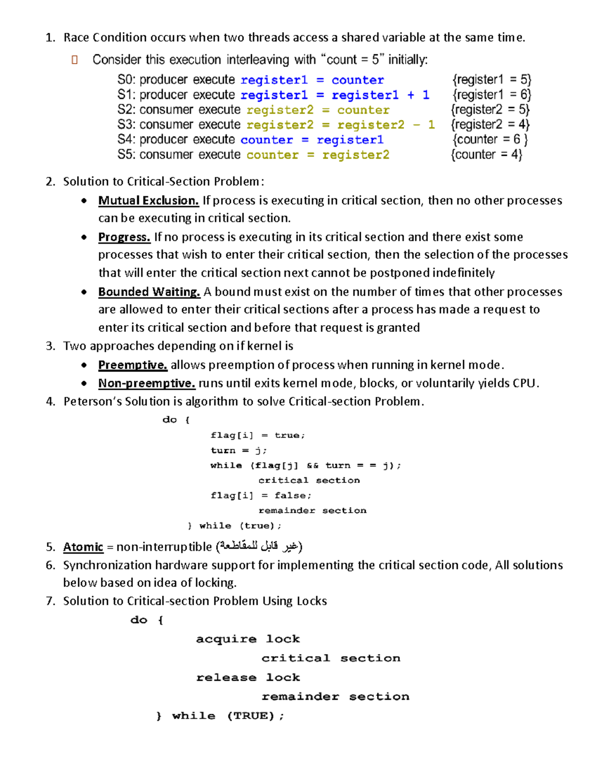 Operating System Ch 5 - Race Condition occurs when two threads access a ...