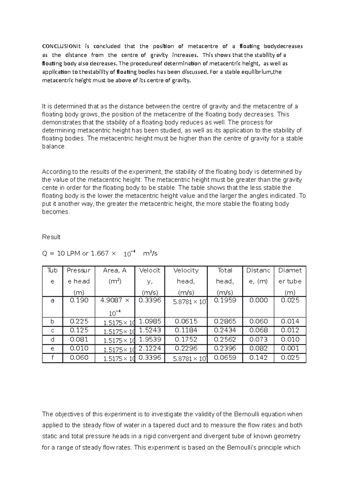 Conclusion Metacentric Lab Report - CONCLUSIONIt is concluded that the position of metacentre of ...
