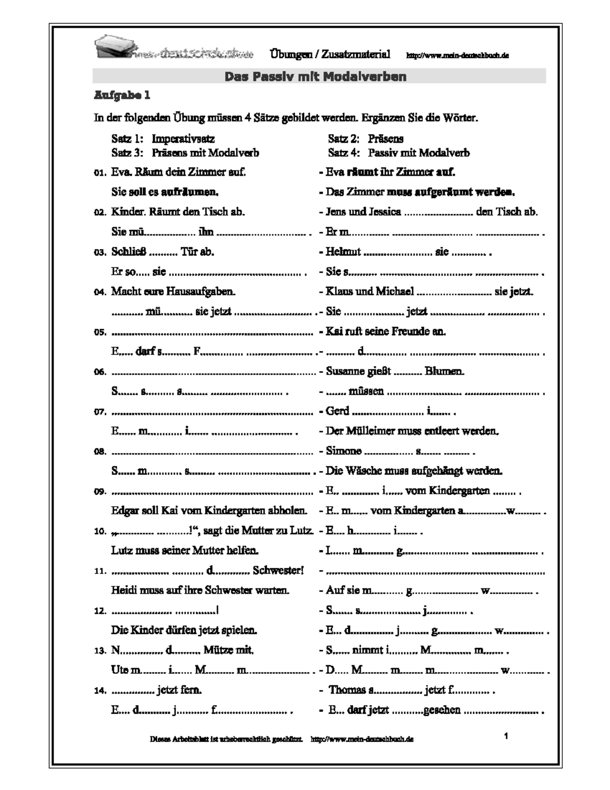 Passiv mit modalverb - Ergänzen Sie die Wörter. Satz 1: Imperativsatz ...
