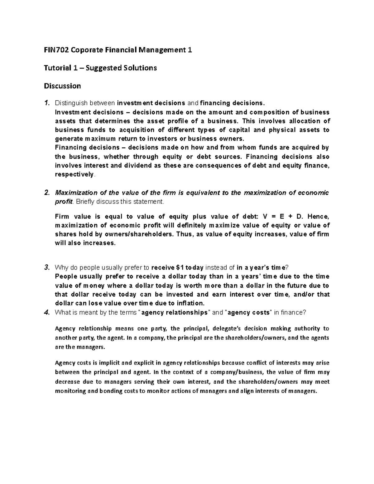 Tutorial 1 solutions - FIN702 Coporate Financial Management 1 Tutorial ...