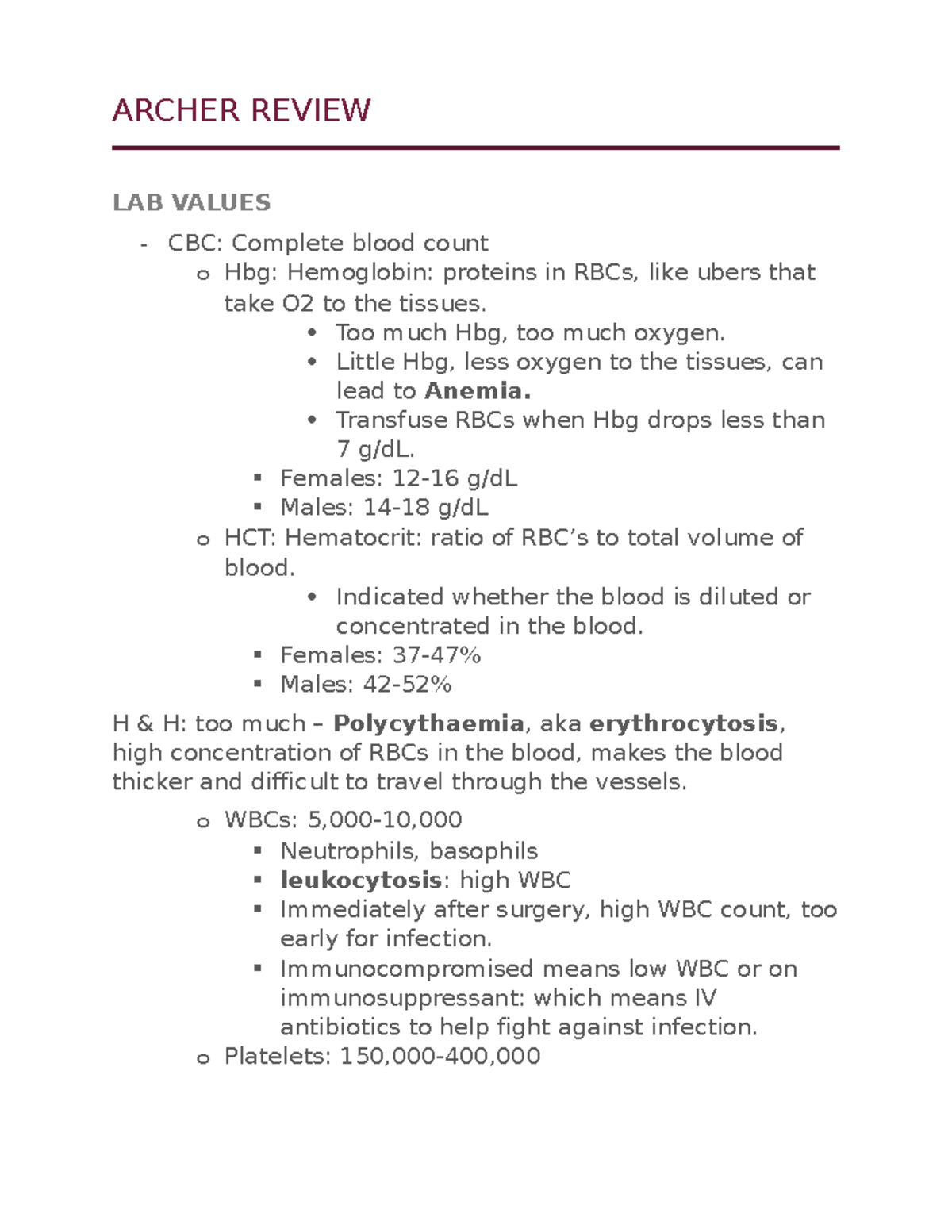 Review of Lab Values: CBC Metabolic Panel Coagulation Panel Cardiac ...