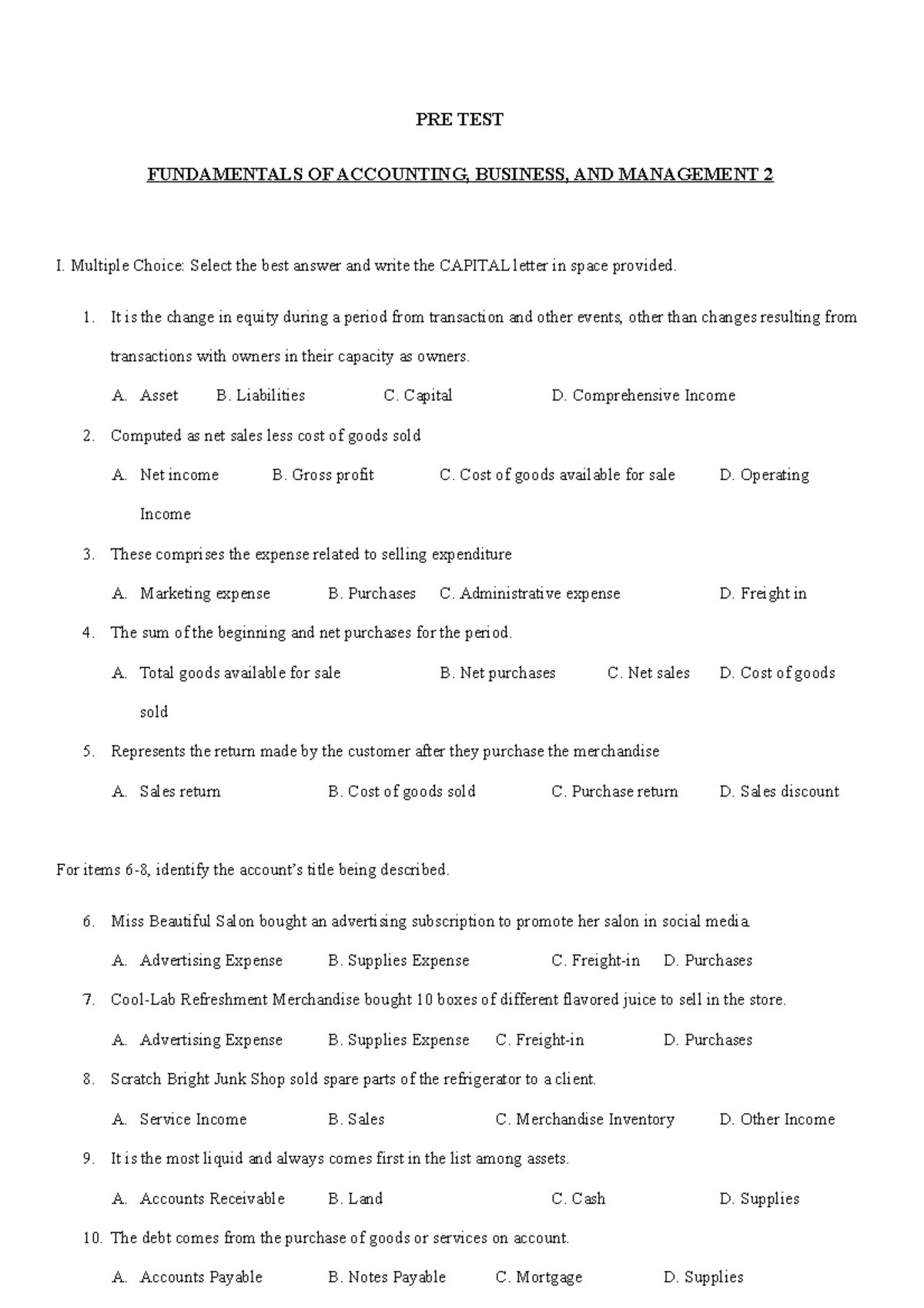 Fundamentals of Accounting in Business Management Pre Test - PRE TEST ...