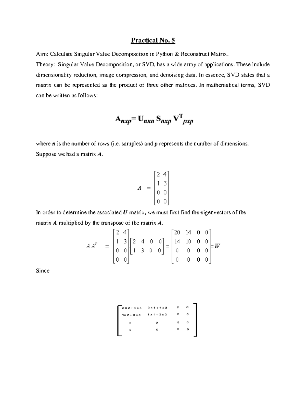 IML Practical No 5-converted - Practical No. 5 Aim: Calculate Singular ...
