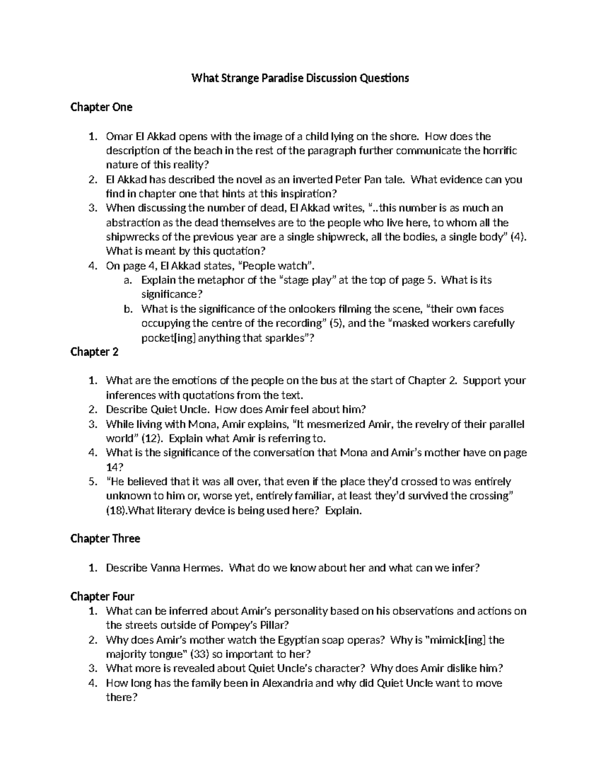 What Strange Paradise Discussion Questions Ch 1-181 - What Strange ...