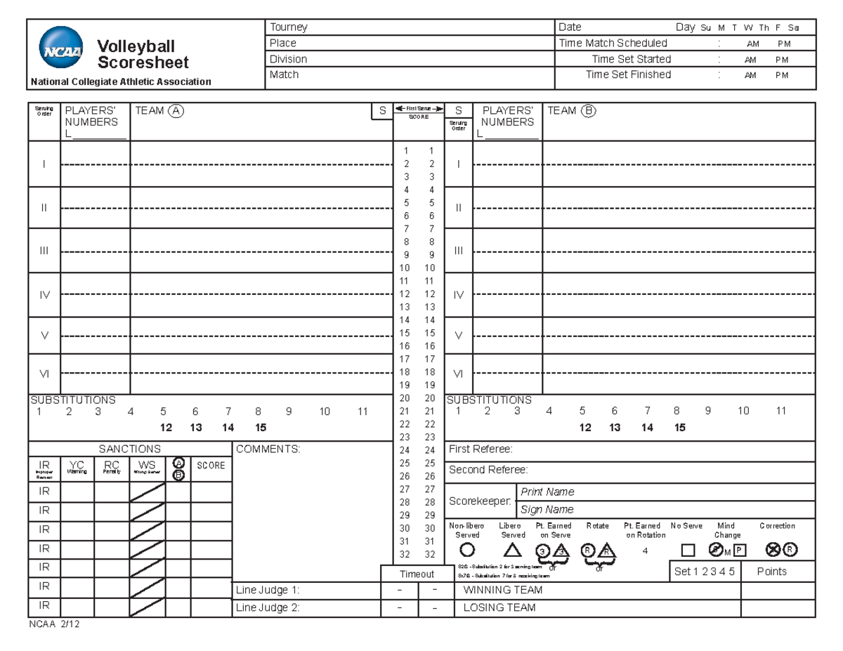 VB Score Sheet Non - notes - Volleyball Scoresheet National Collegiate ...