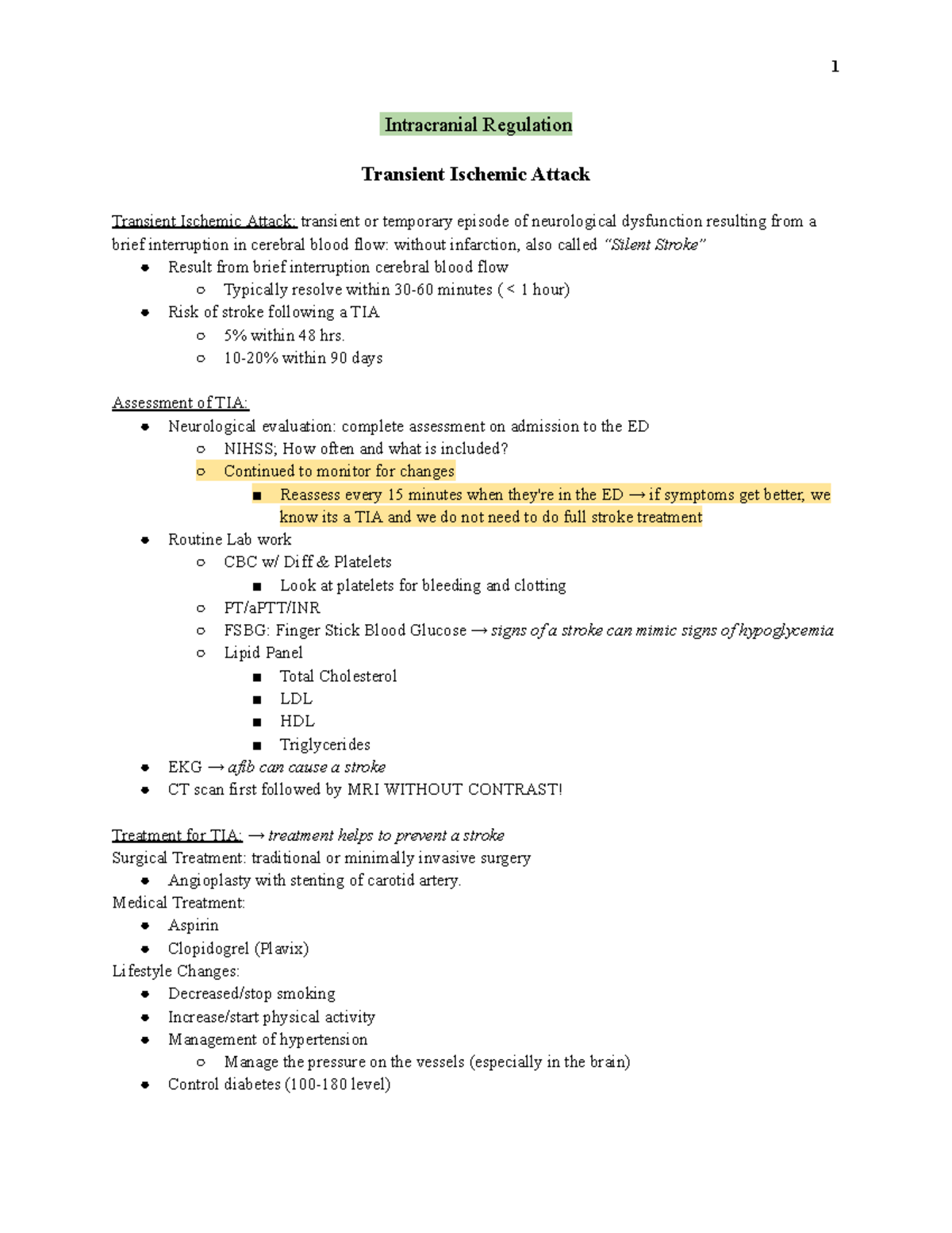Health and Illness Unit 3 - Intracranial Regulation Transient Ischemic ...