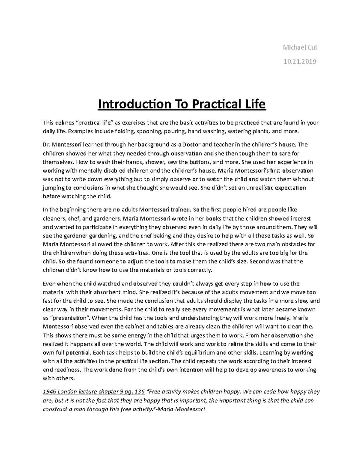 Introduction To Practical Life essay - Michael Cui 10. Introduction To ...