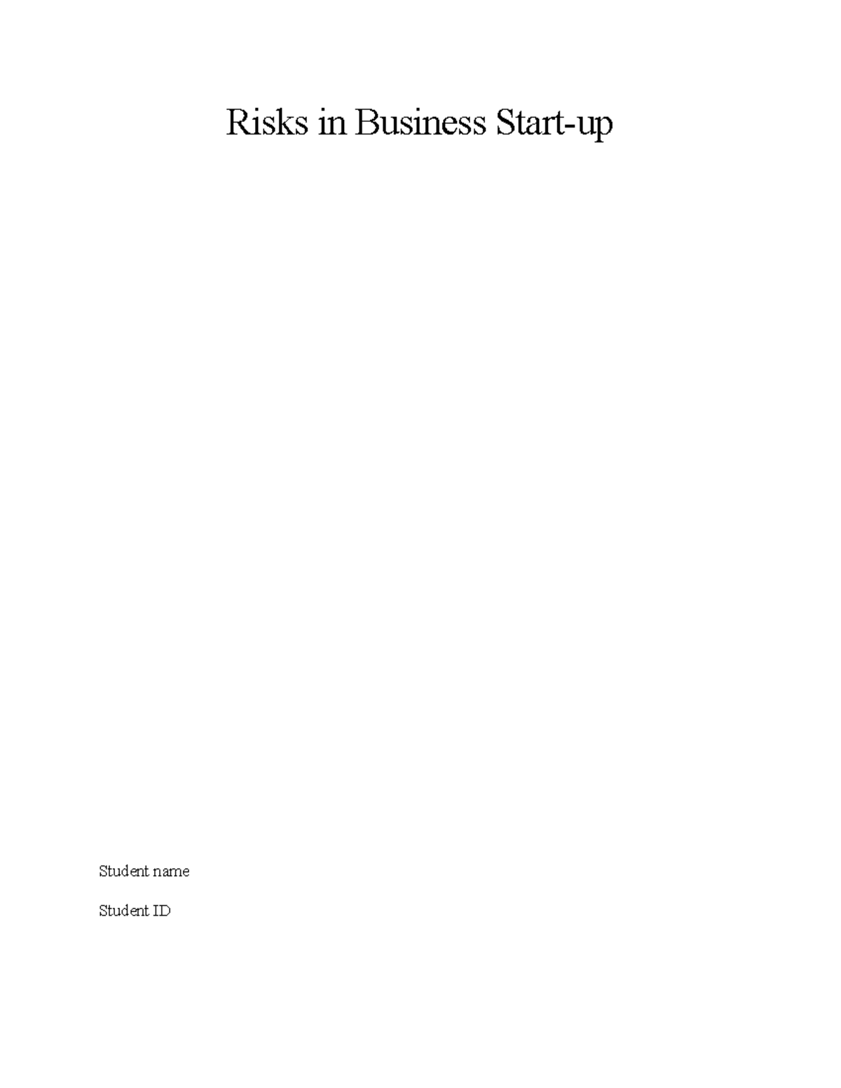 Risks in Business Start up - Risks in Business Start-up Student name ...