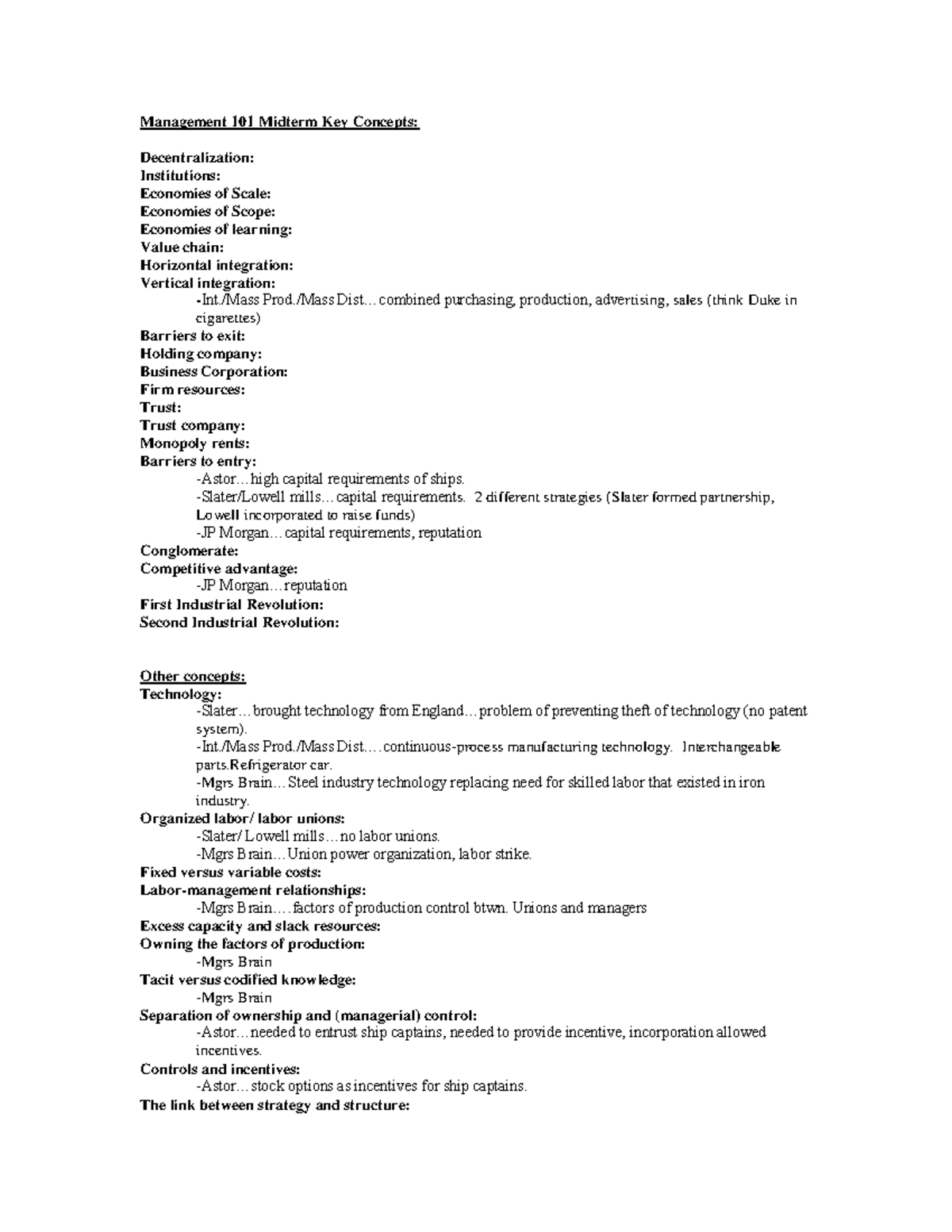 Mgmt 101 Midterm Key Concepts - Management 101 Midterm Key Concepts: Decentralization ...