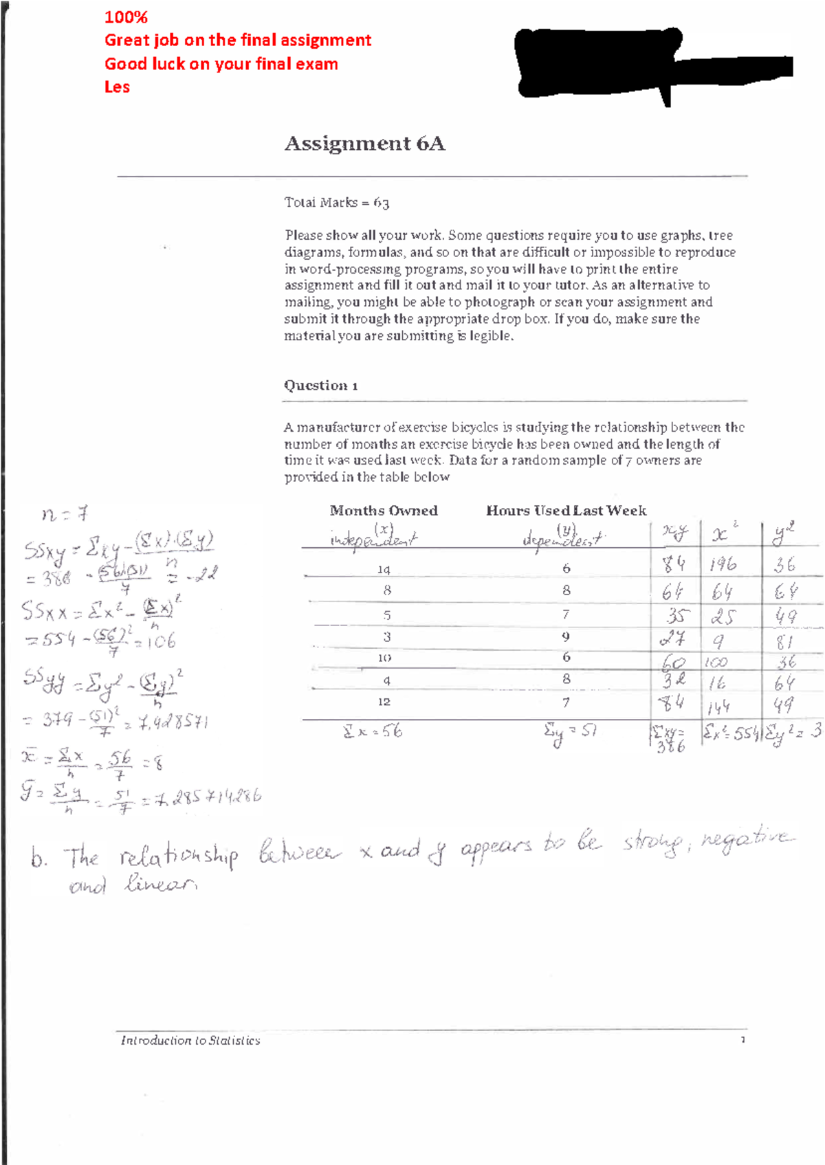 Assignment 6a -Math 215 - nla._ -ho s [i, Introduction to Statistics Assignment 6A Total Marks ...
