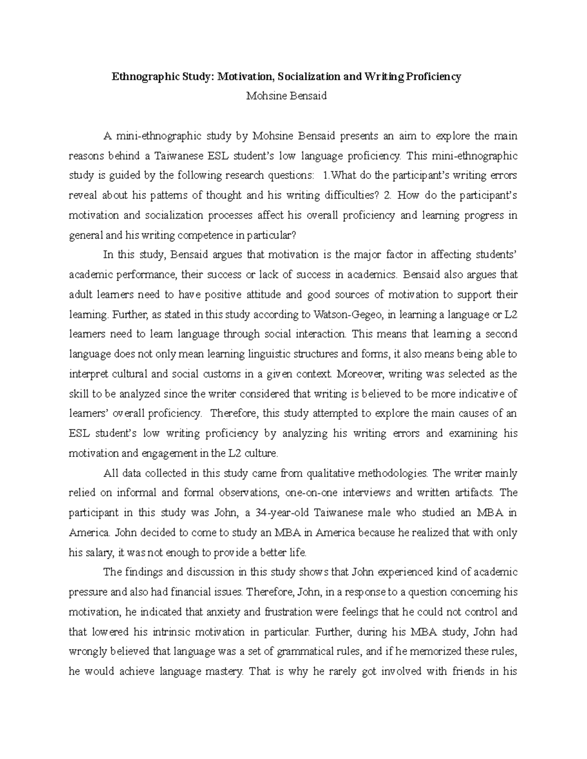 Ethnographic Study Motivation, Socialization and Writing Proficiency ...