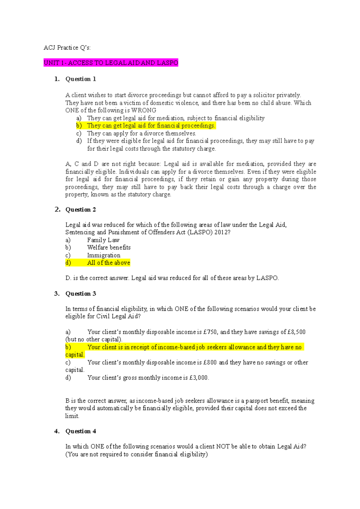 ACJ Practice Q'S - ACJ Practice Q’s: UNIT 1- ACCESS TO LEGAL AID AND ...