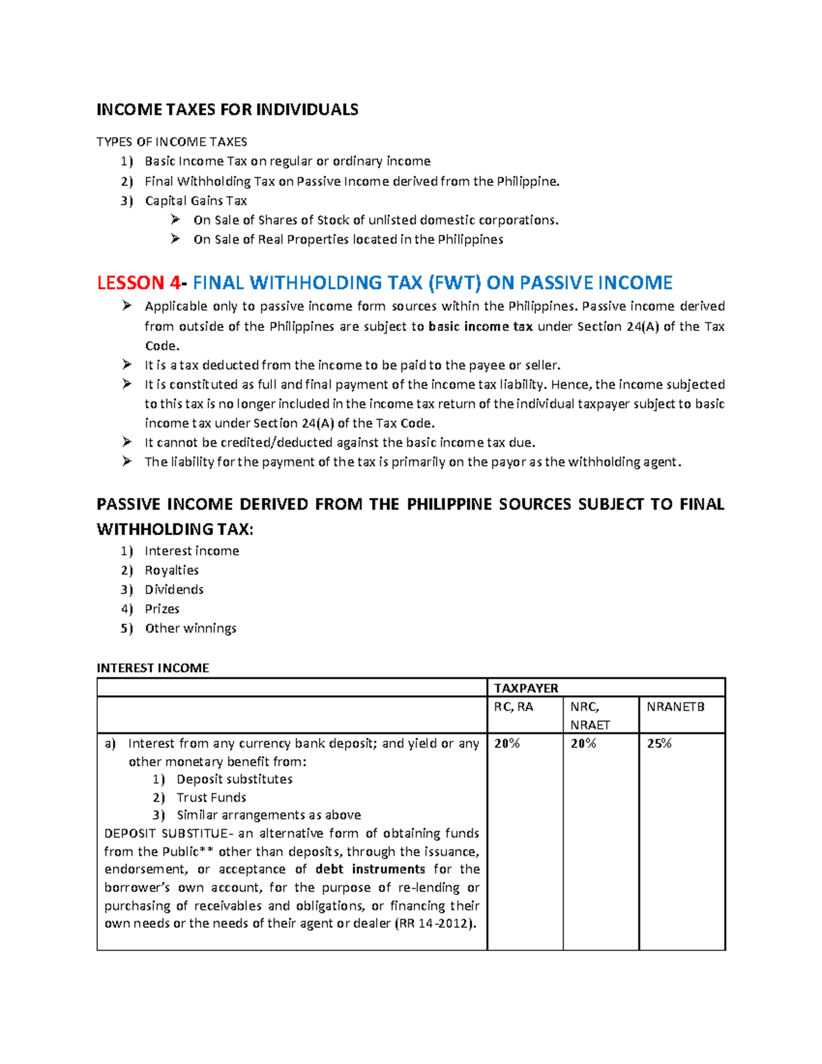 4 Final Withholding Taxes on Passive Income converted 1 - INCOME TAXES ...