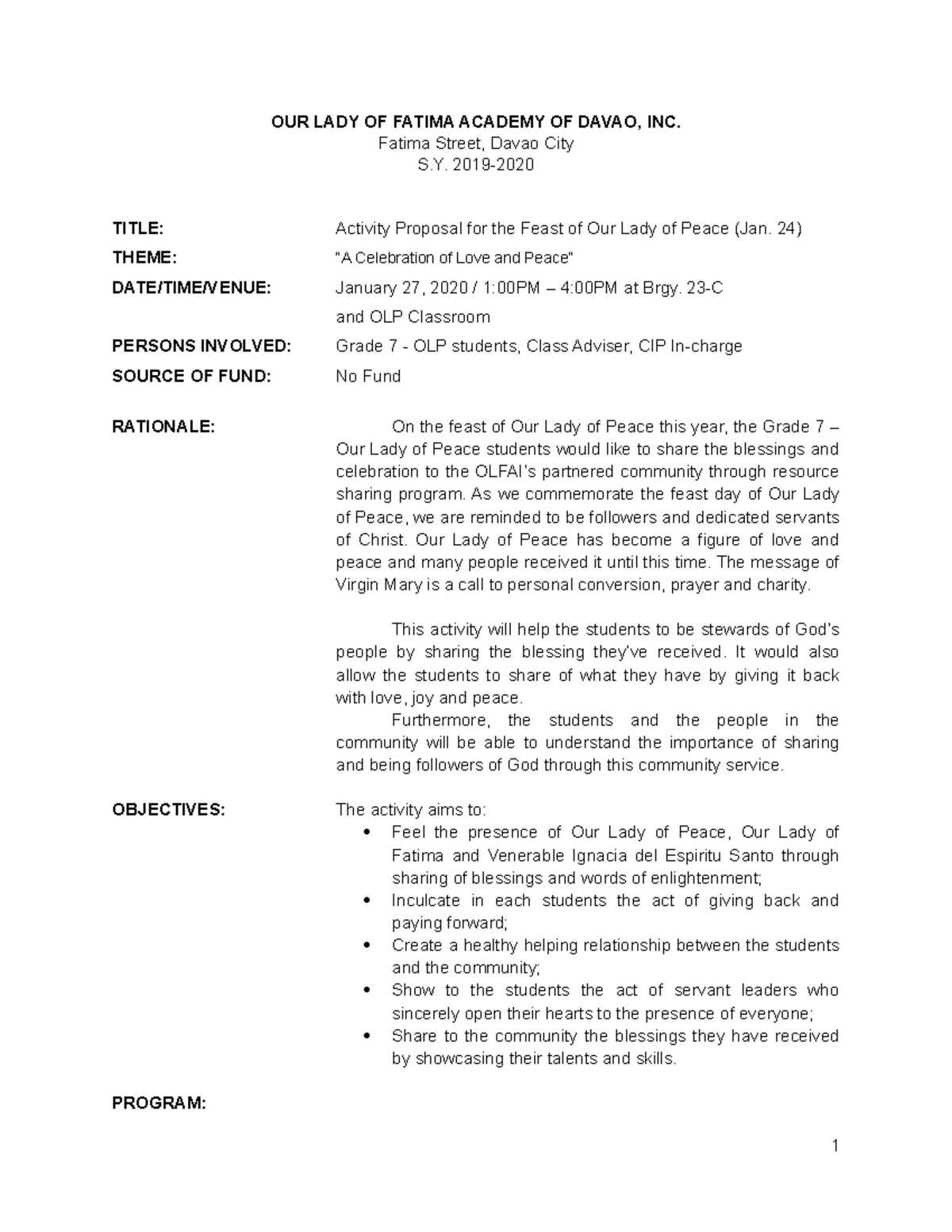 Activity Proposal - OUR LADY OF FATIMA ACADEMY OF DAVAO, INC. Fatima ...