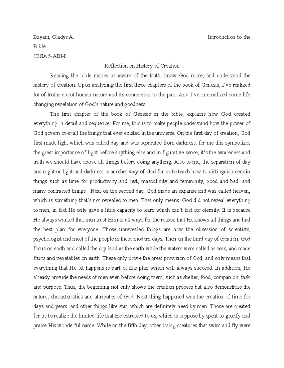 Bayani, Gladys A. Reflection to Genesis 1-3 - Bayani, Gladys A ...