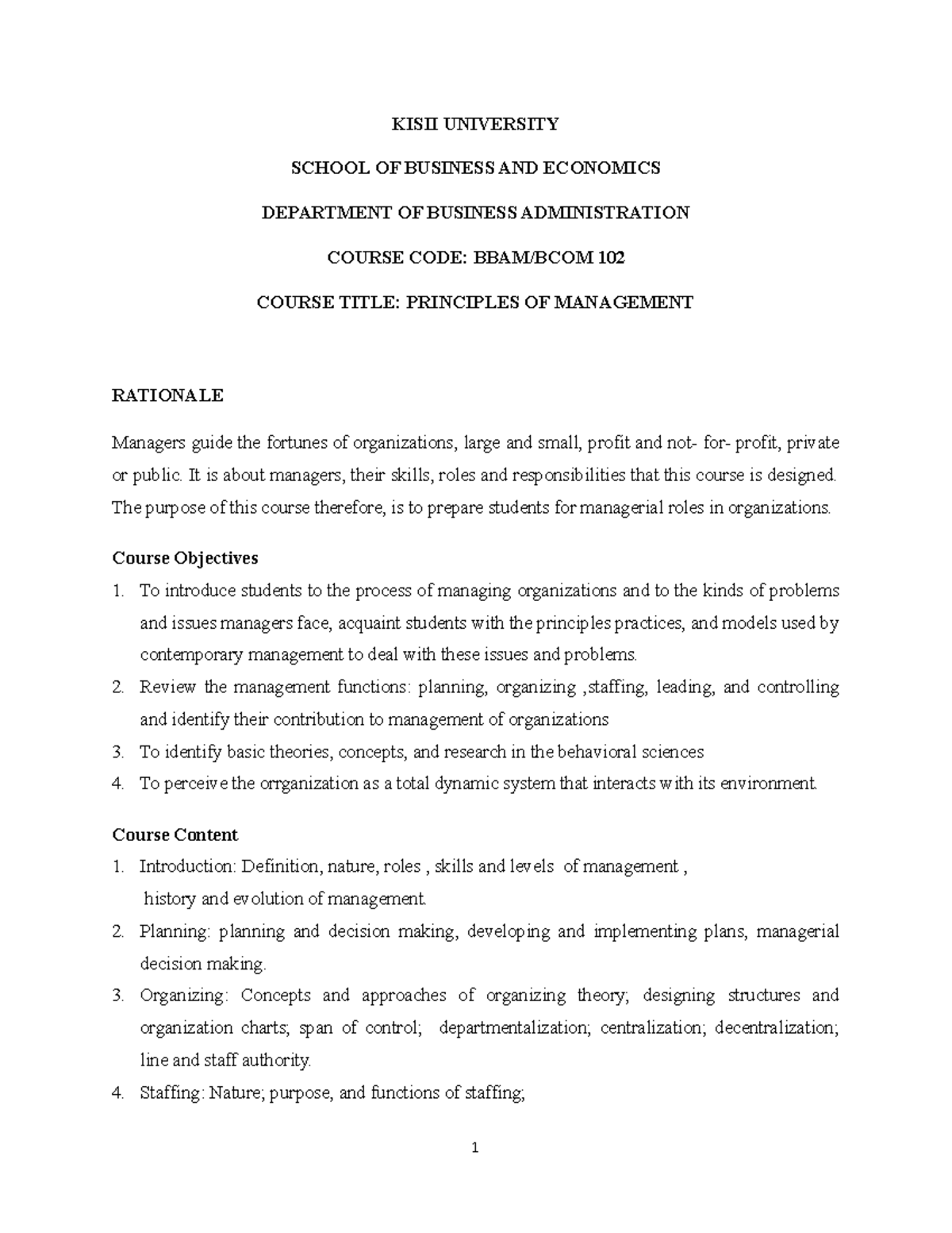 BBAM-BCOM Course Outline 2023 - KISII UNIVERSITY SCHOOL OF BUSINESS AND ECONOMICS DEPARTMENT OF ...