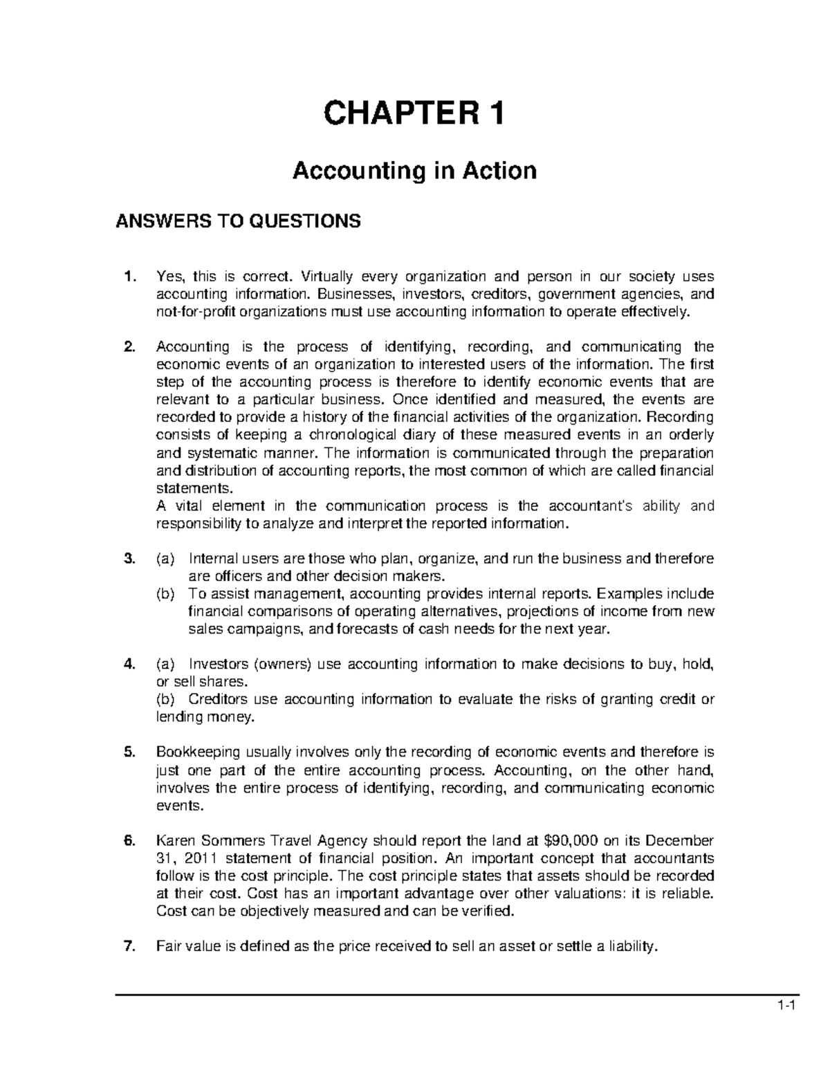 Solutions to Exercises Ch1 - 1- CHAPTER 1 Accounting in Action ANSWERS ...
