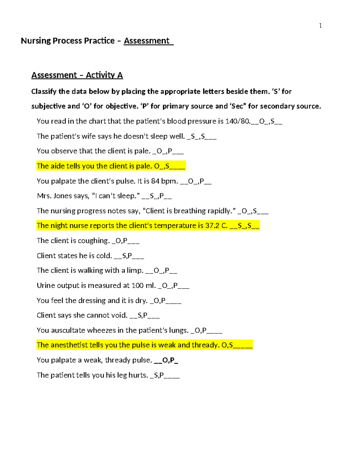 Week 1 - Nursing Process Practice Activities - Assessment 1 - Nursing ...